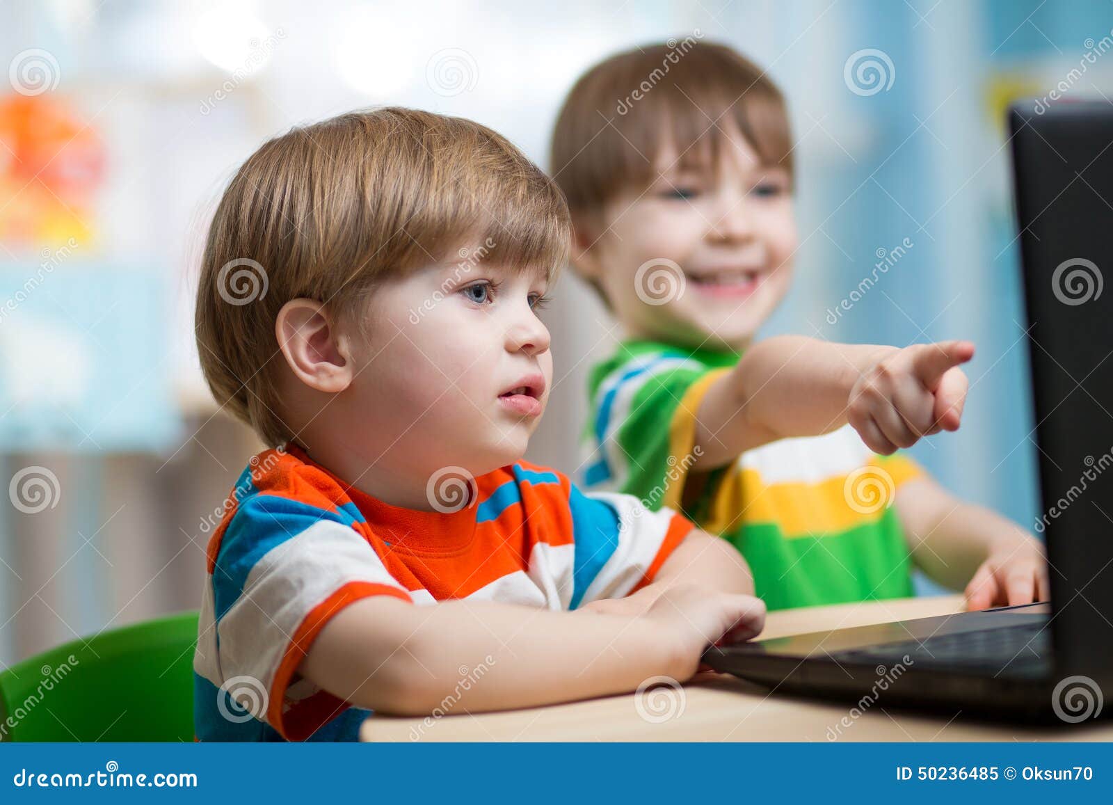 Happy Children Looking at Laptop Stock Image - Image of computer, play ...