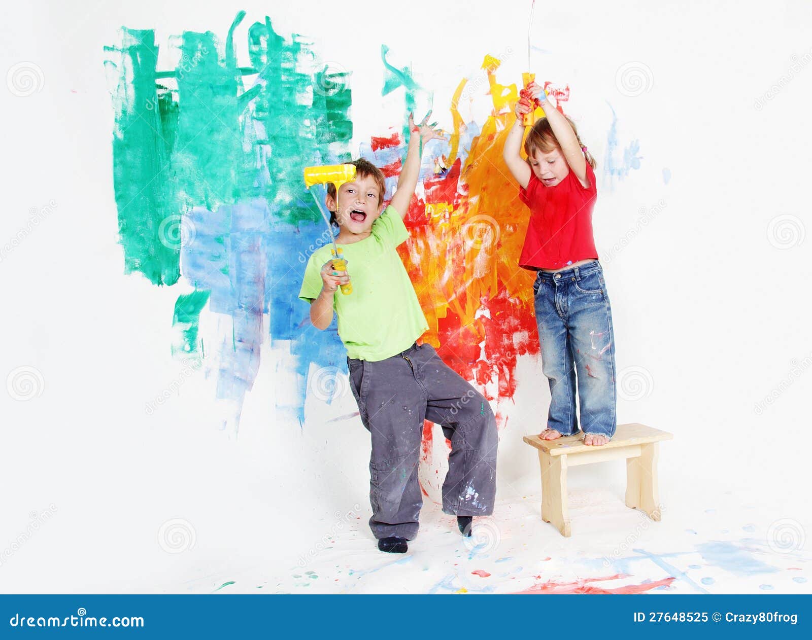 Happy Children Painting Wall with Colours Stock Image - Image of ...