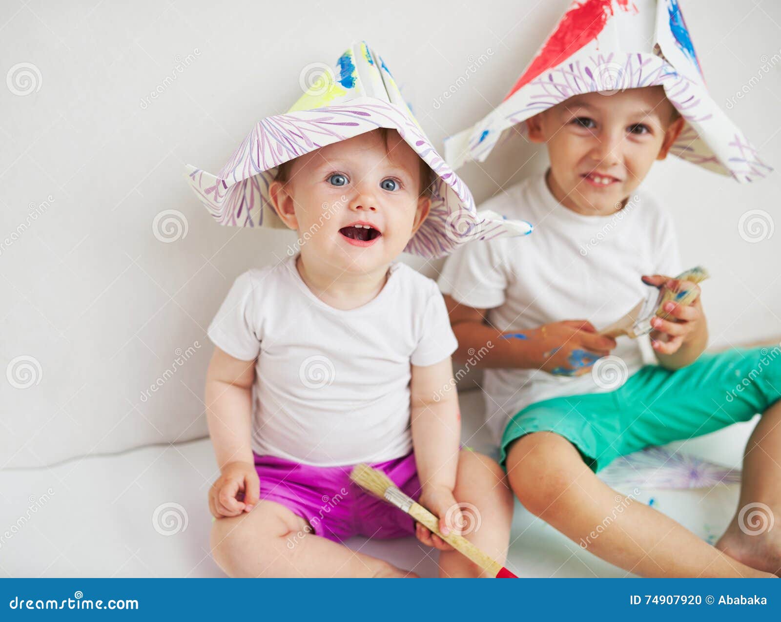 Happy Children Painting Wall at Home Stock Photo - Image of elementary ...