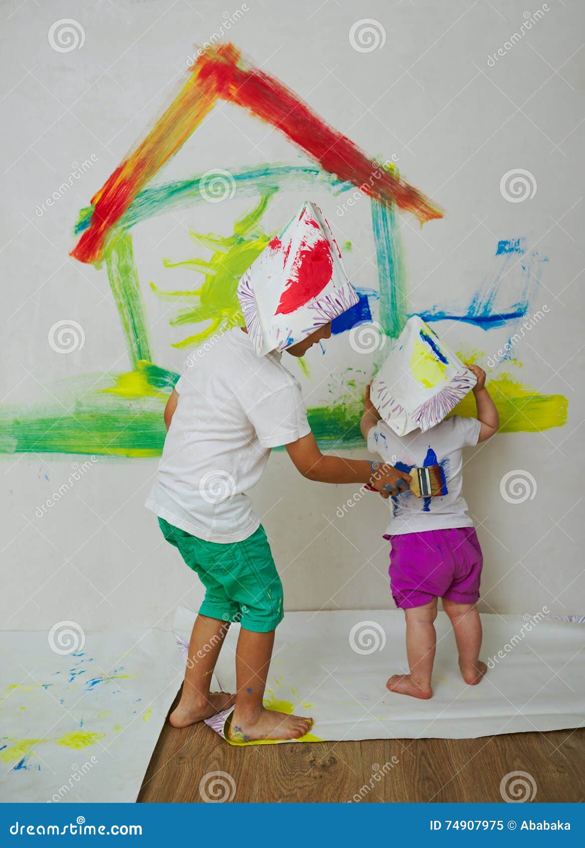 Happy Children Painting Wall at Home Stock Image - Image of play, home ...