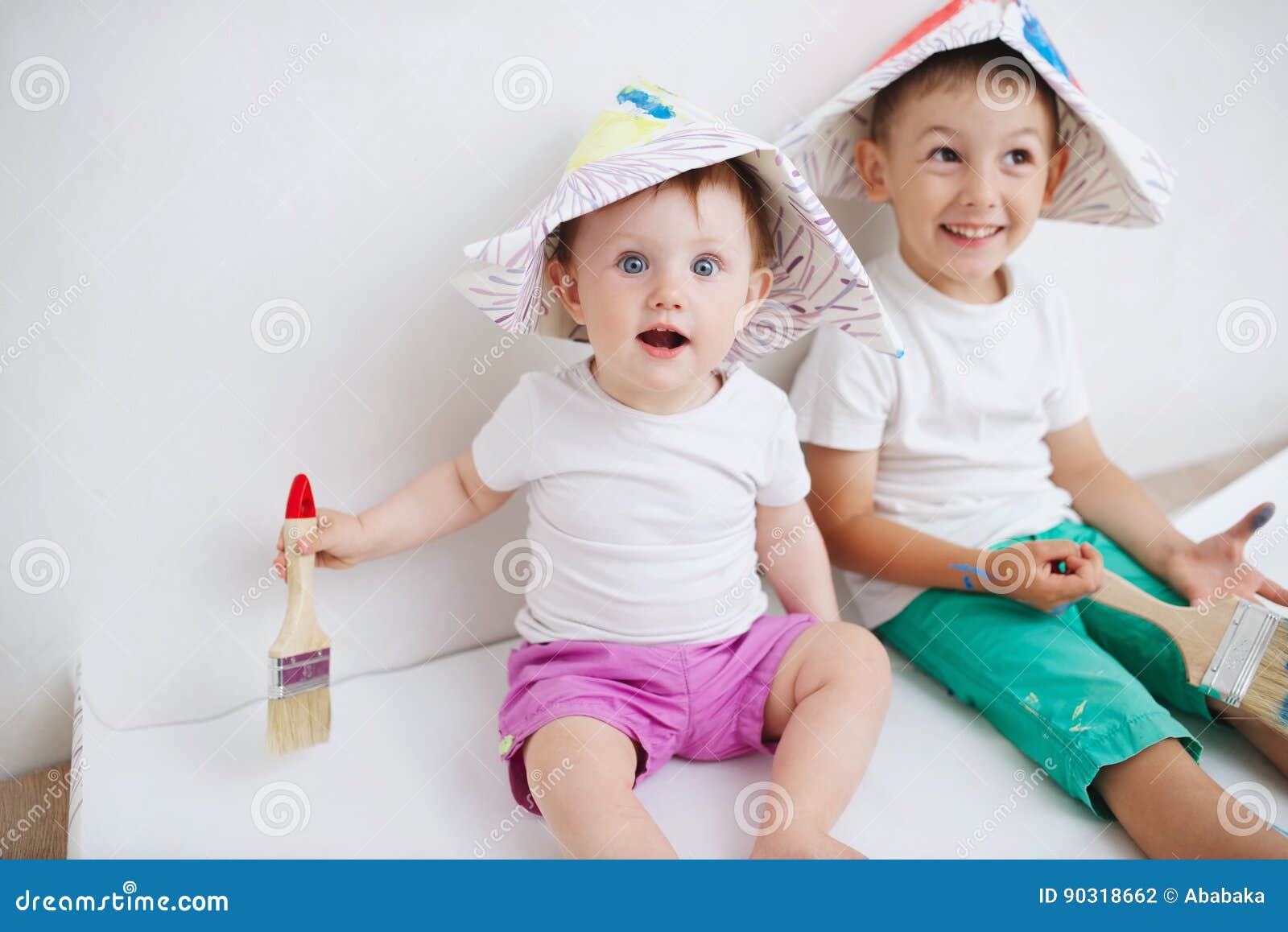 Happy Children Painting Wall at Home Stock Photo - Image of color ...