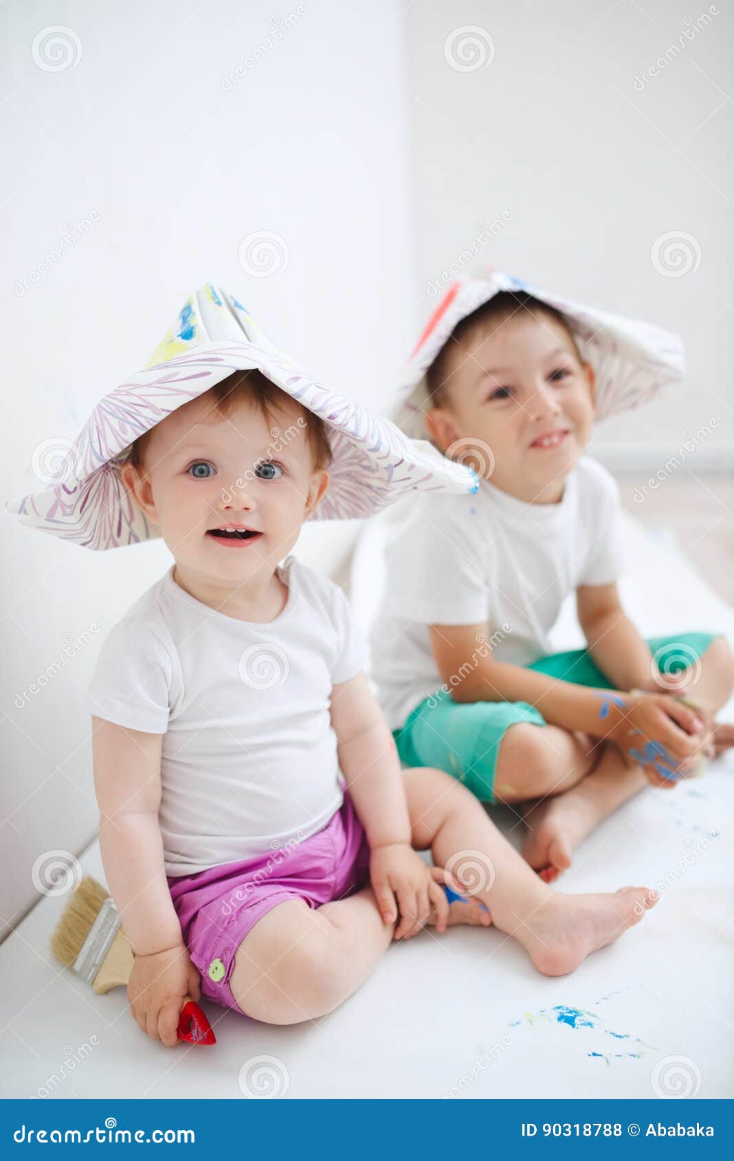 Happy Children Painting Wall at Home Stock Photo - Image of colorful ...