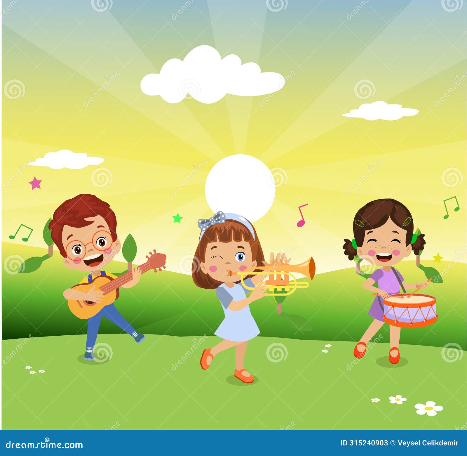 Happy Children Playing Instruments and Singing Stock Illustration ...