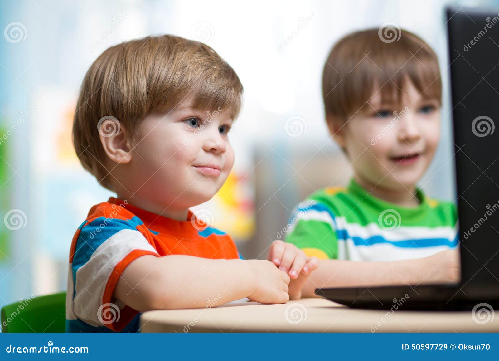 Happy Children Playing At Laptop Royalty-Free Stock Photography ...