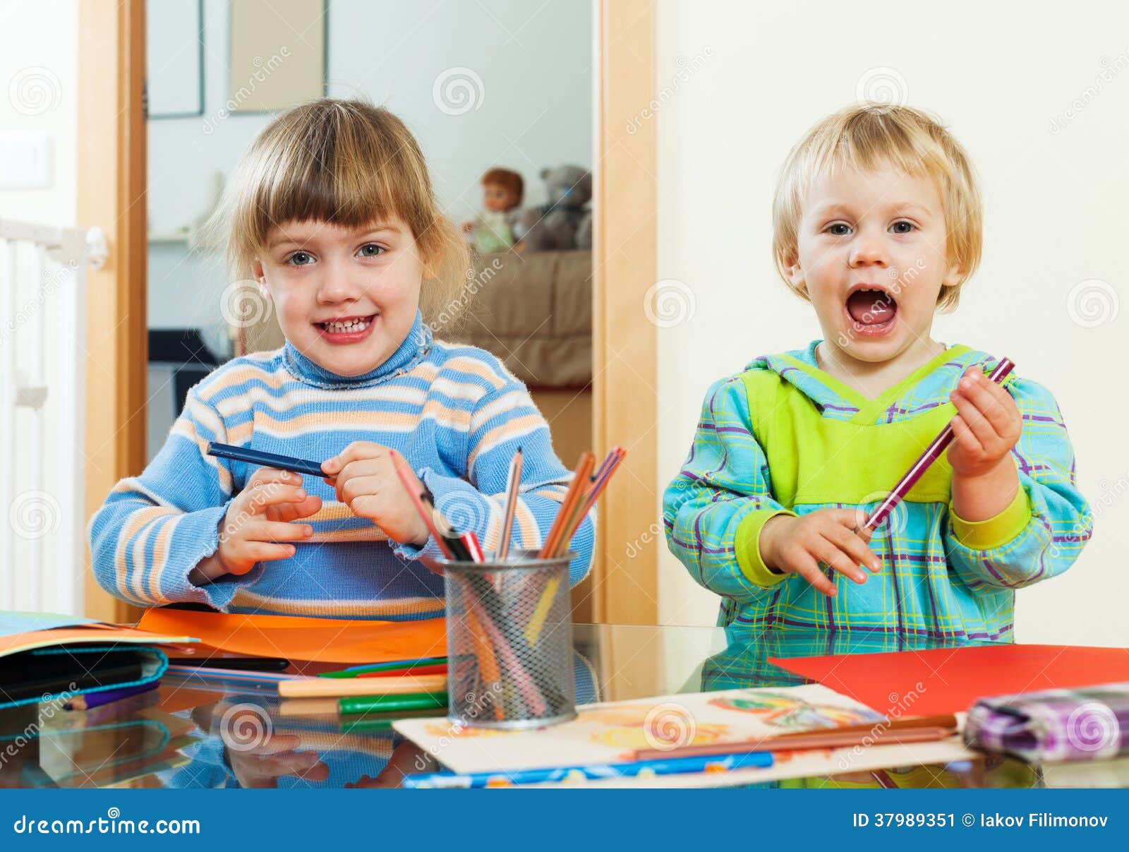 Happy Children Playing with Pencils Stock Image - Image of person ...