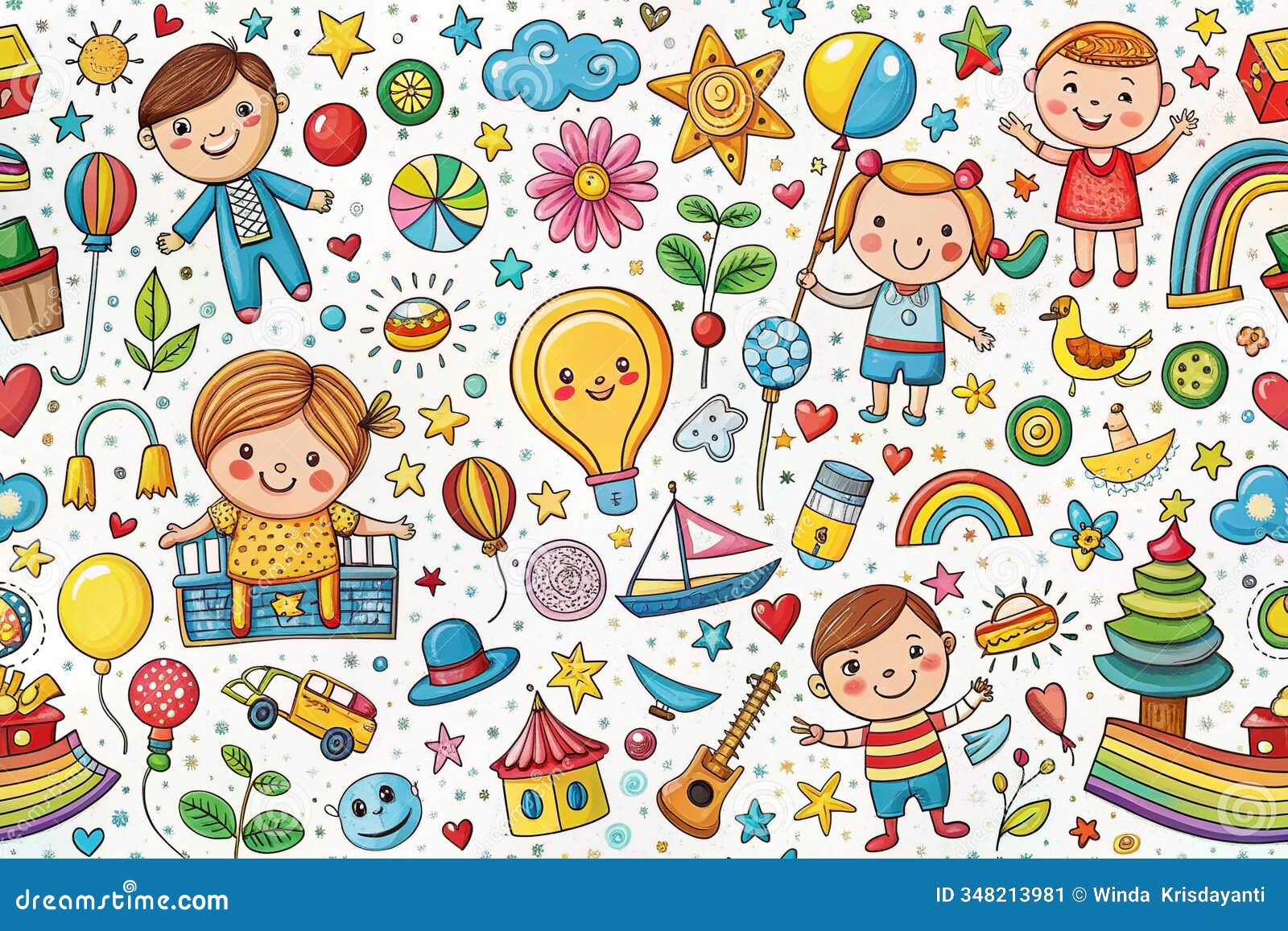 Happy Children Playing with Toys and Nature Elements Stock Illustration ...