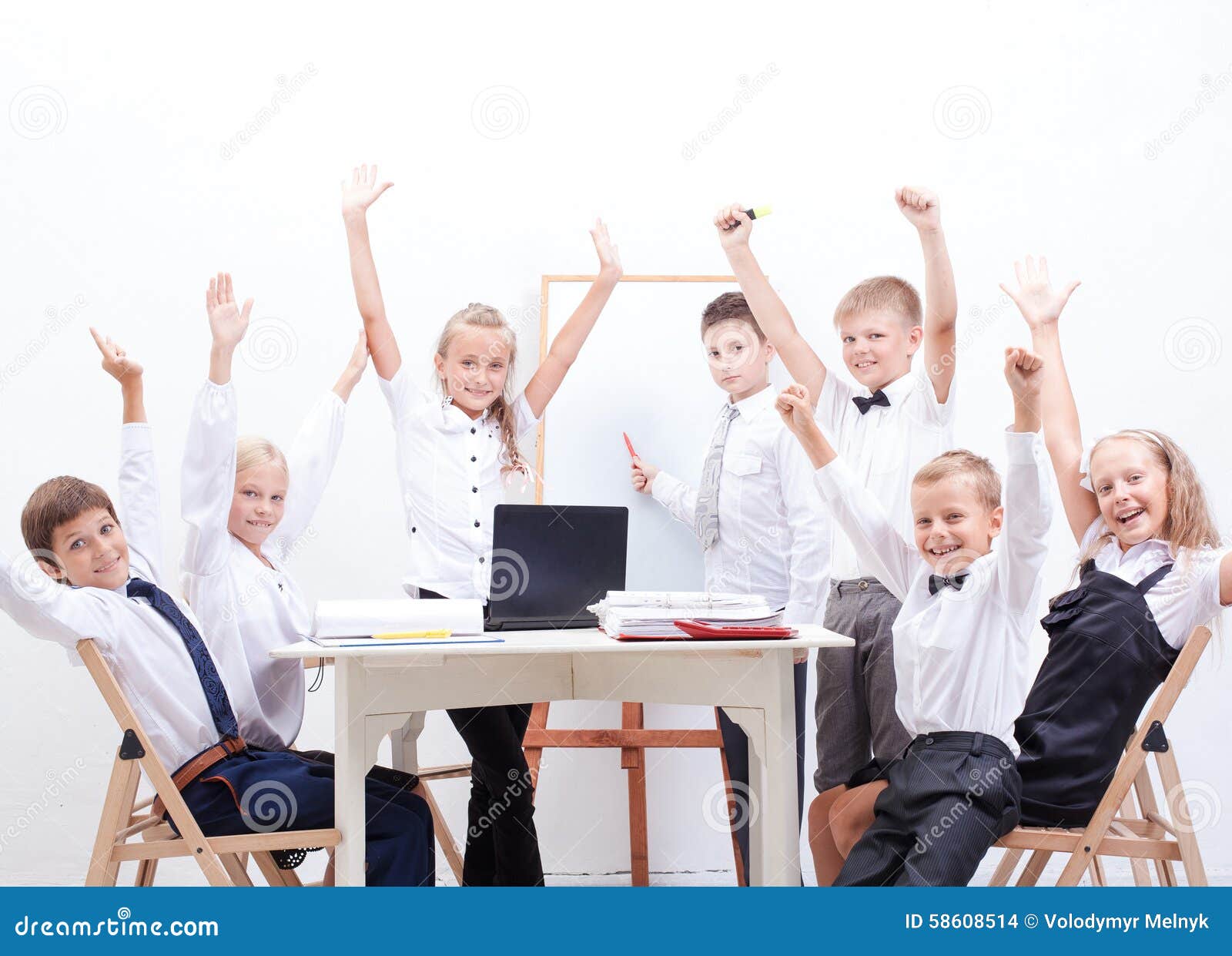 The Happy Children Raising Hands Stock Photo - Image of class, kids ...