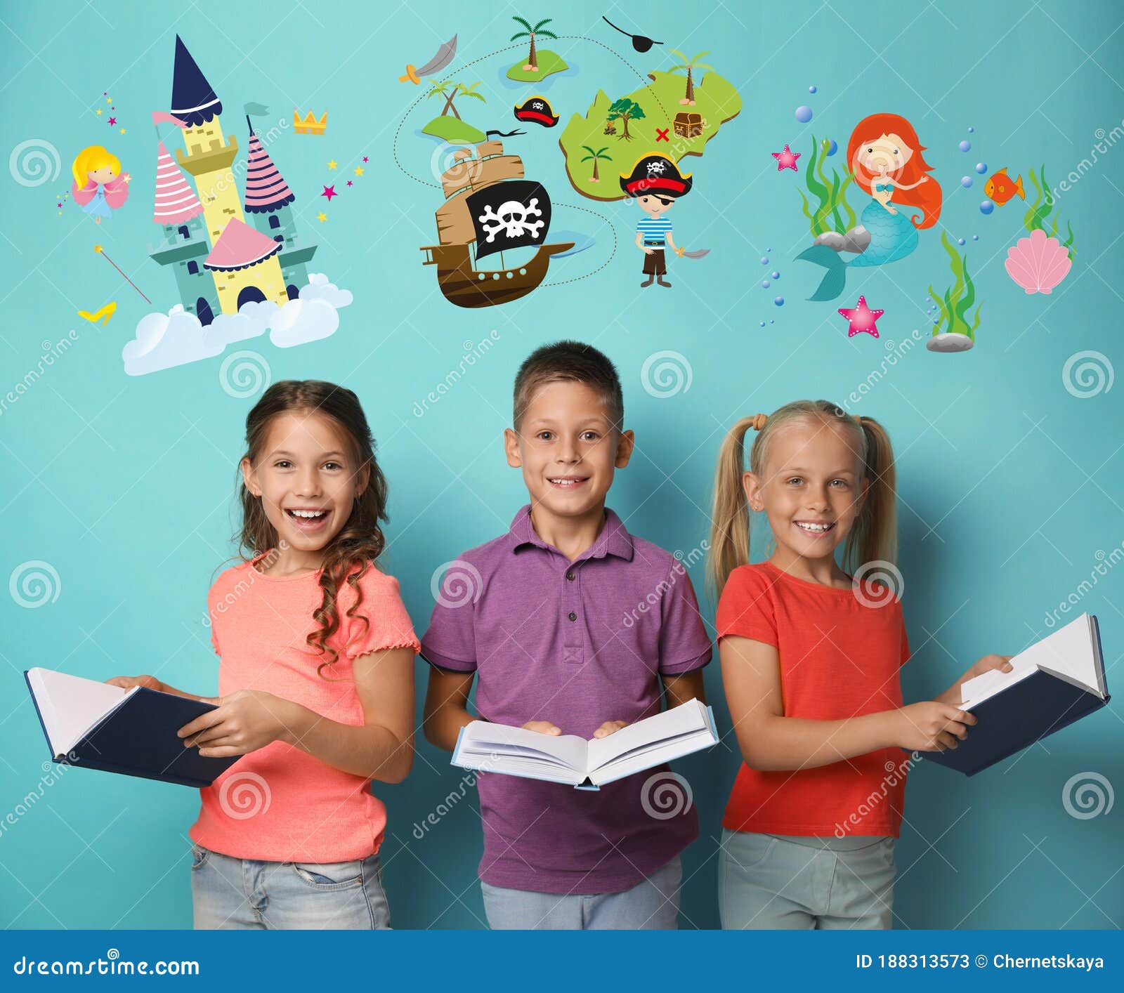 Happy Children Reading Books on Blue Background Stock Image - Image of ...