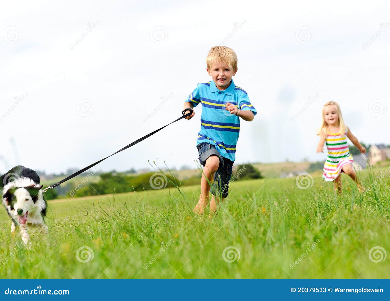 Happy Children Running Outdoors with Dog Stock Image - Image of grass ...