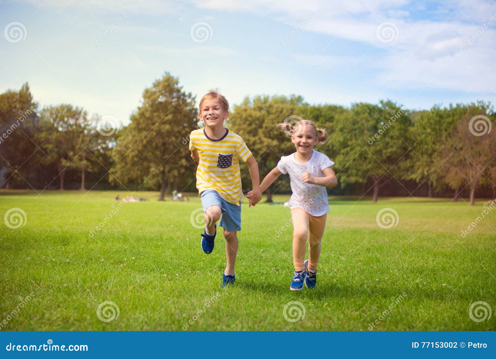 Happy Children Running in Park Stock Photo - Image of familly, green ...