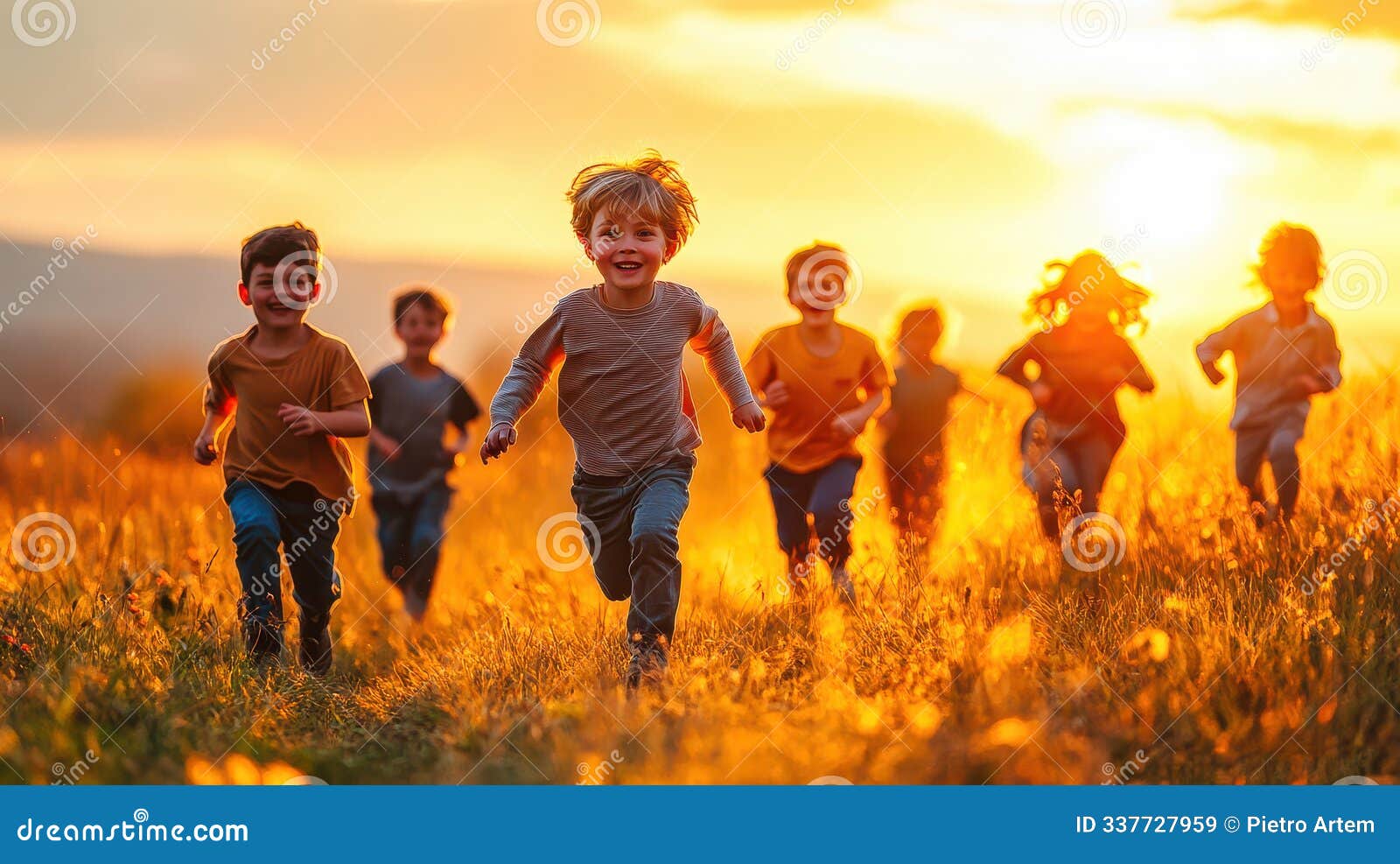 Happy Children Running Together in Field at Sunset Stock Image - Image ...