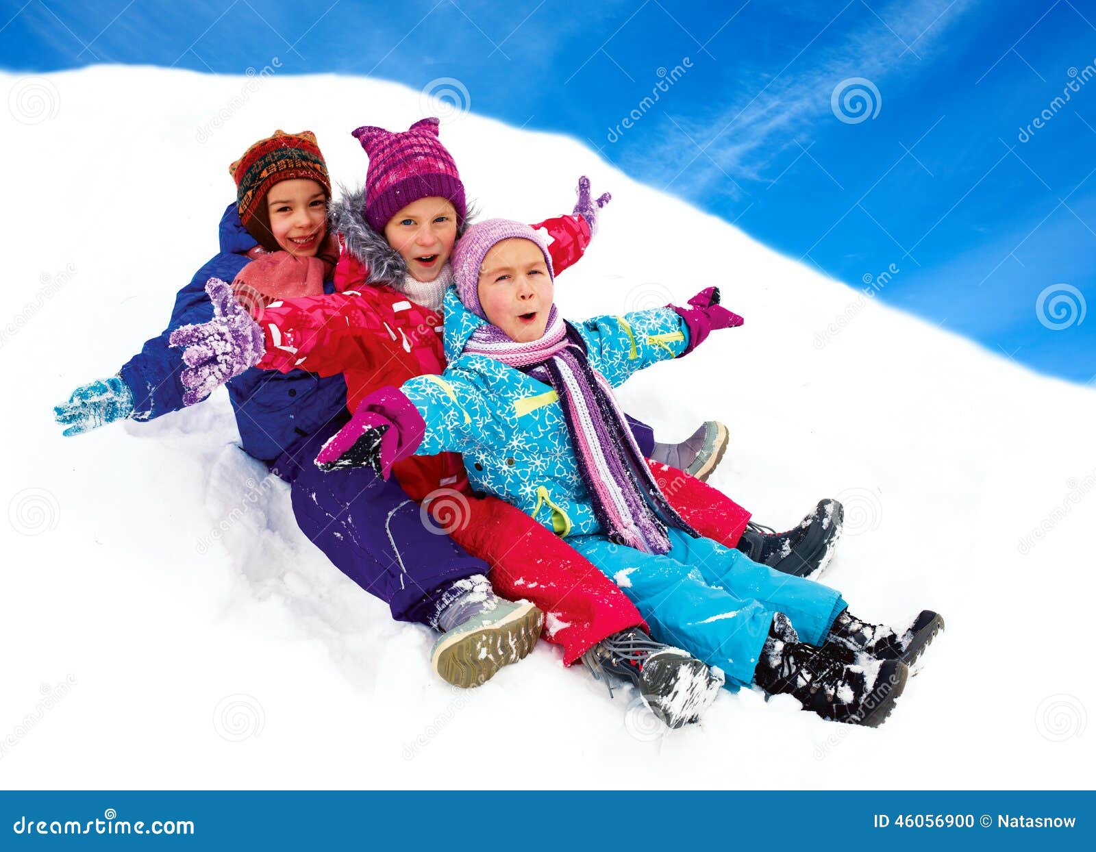Happy Children Sledding at Winter Time Stock Photo - Image of sled ...