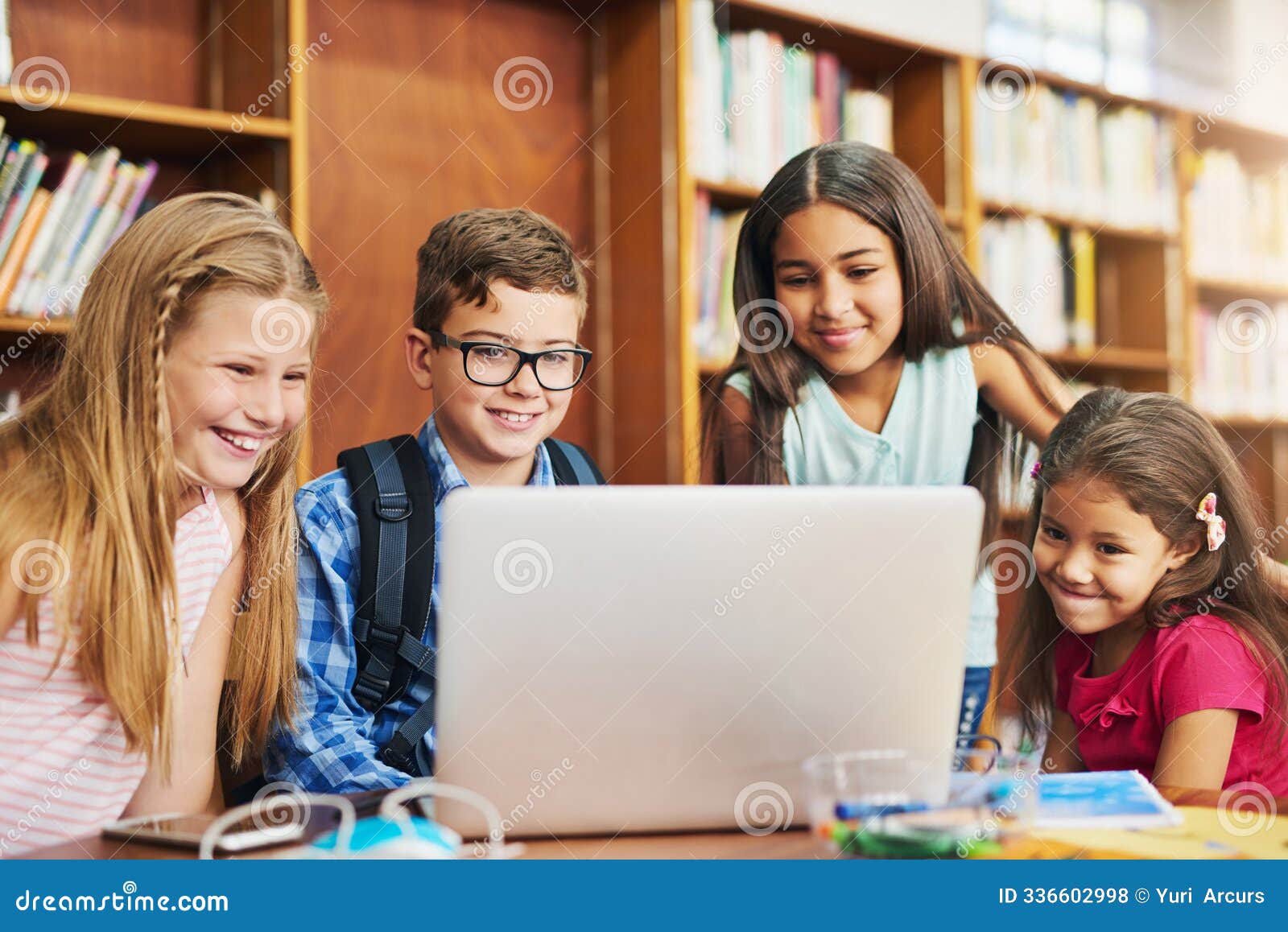 Happy Children, Students or Elearning with Laptop at Library for Ebook ...