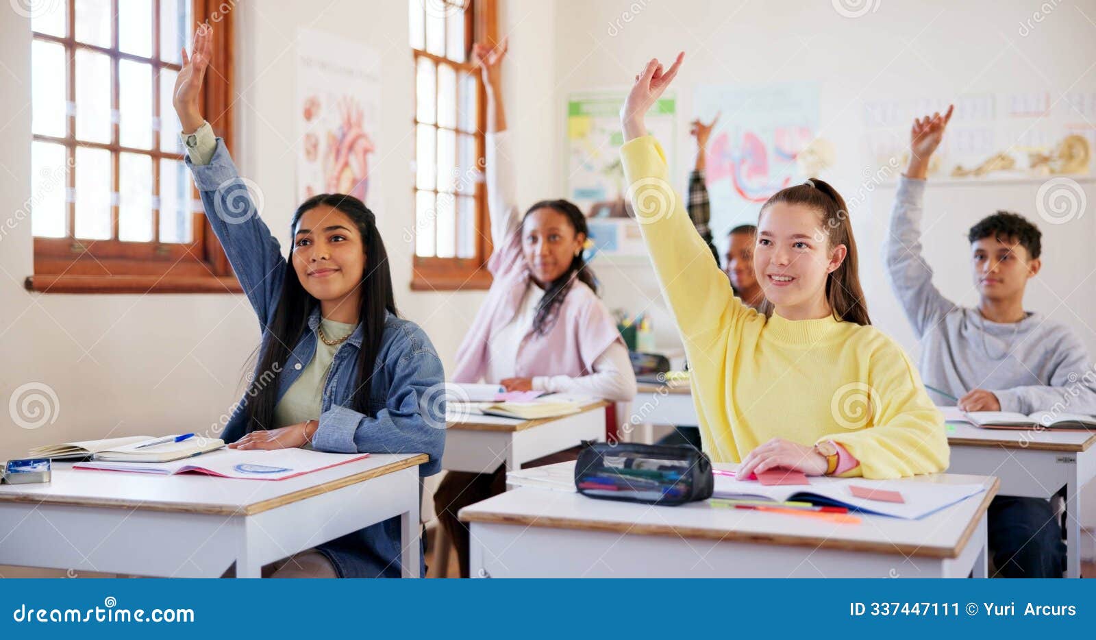 Happy Children, Students or Hands Raised with Question in Classroom for ...