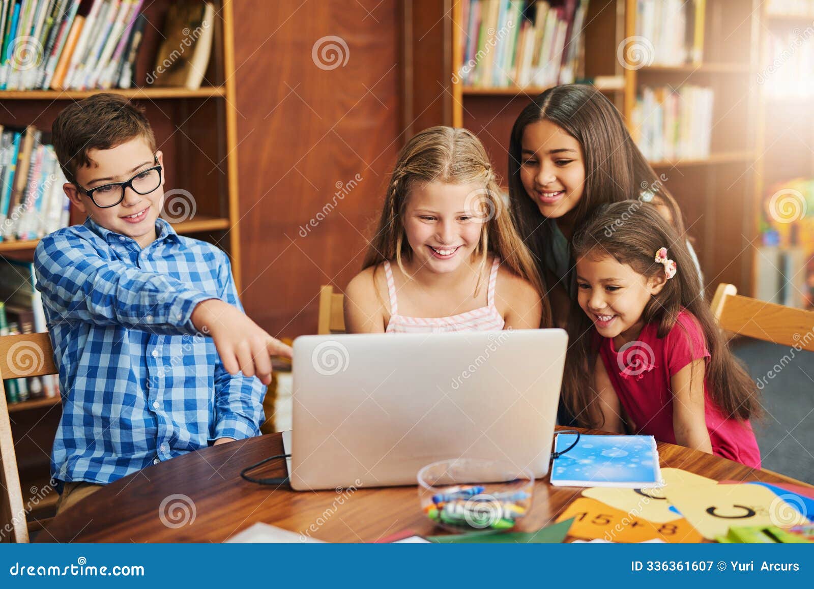 Happy Children, Students and Pointing with Laptop at Library for ...