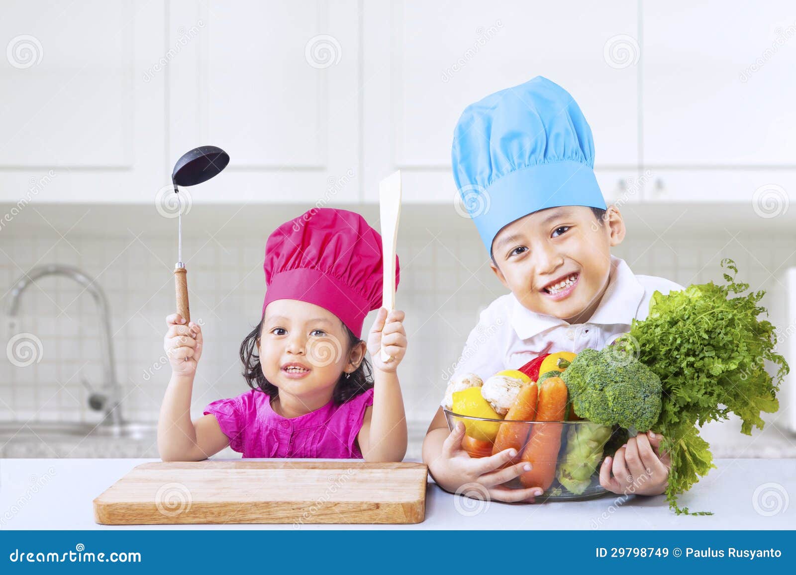 Chef Children Cook Vegetable at Home Stock Image - Image of green ...