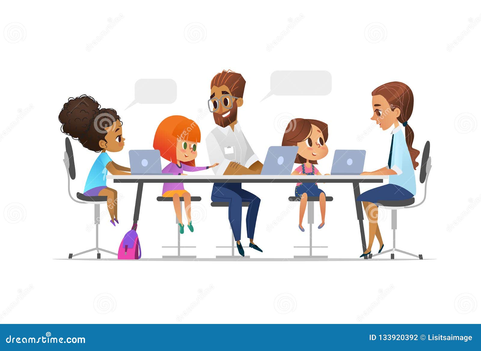 Happy Children, Tutor and Teacher Sitting at Laptops and Learning ... Happy Children, Tutor and Teacher Sitting at Laptops and Learning ...