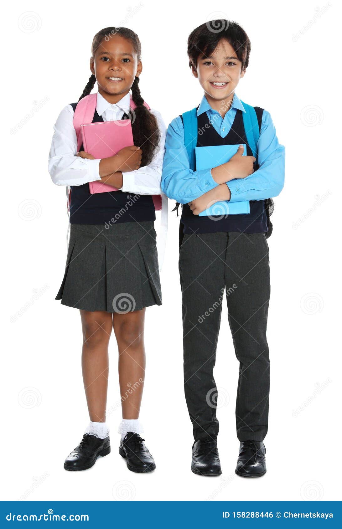 Happy Children in Uniform on White Background Stock Photo - Image of ...
