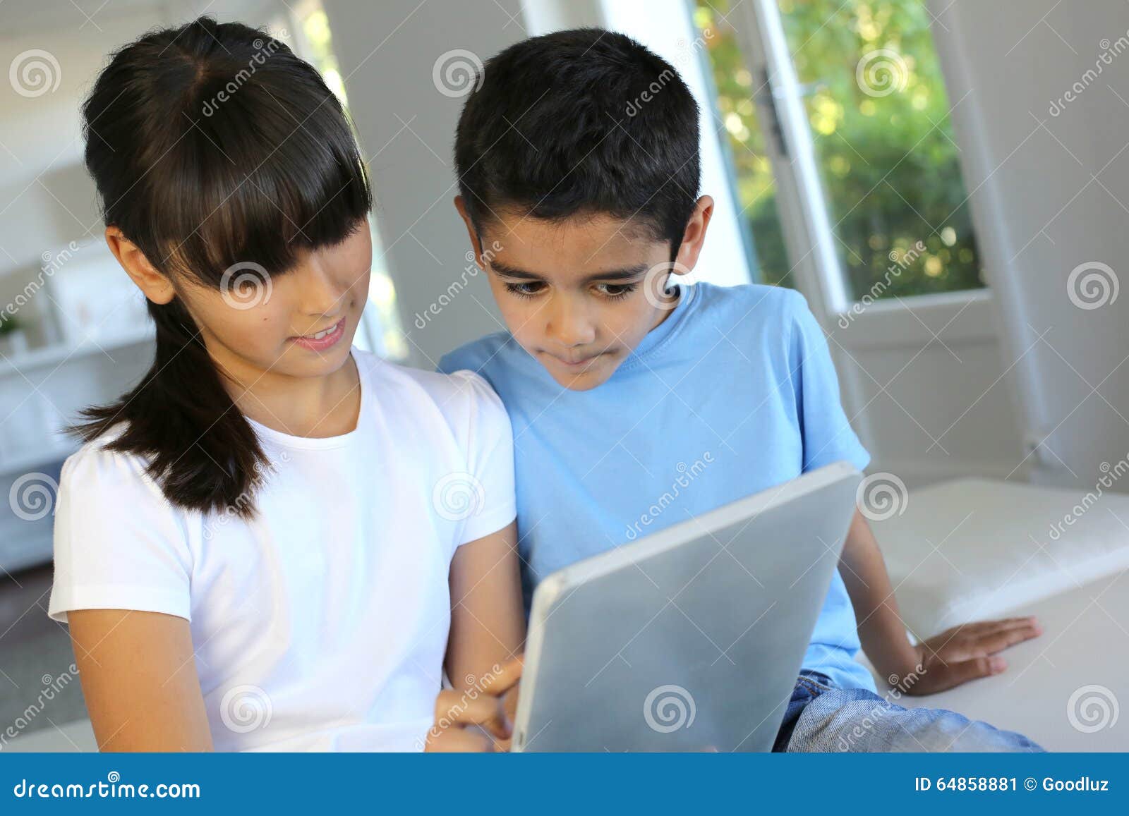 Happy Children Using Tablet at Home Stock Image - Image of cheerful ...