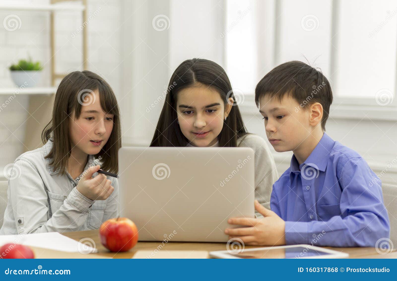 Happy Children Working on Project, Using Laptop Stock Photo - Image of ...