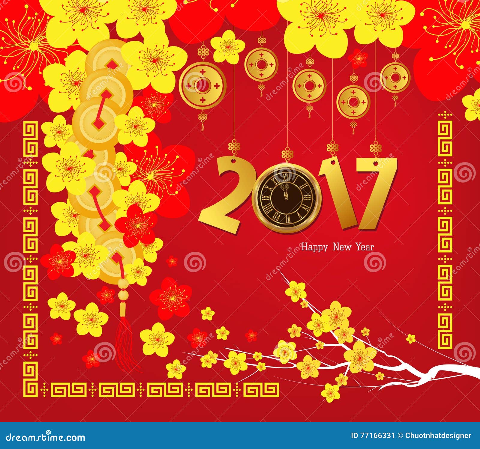 Happy Chinese New Year 2017 Card, Gold Clock Stock Vector ...
