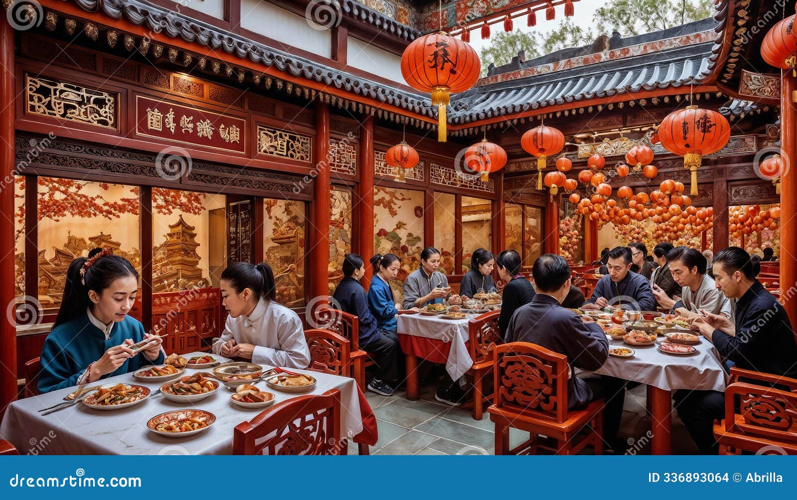 Happy Chinese People Eating in a Traditional Chinese Restaurant Stock ...
