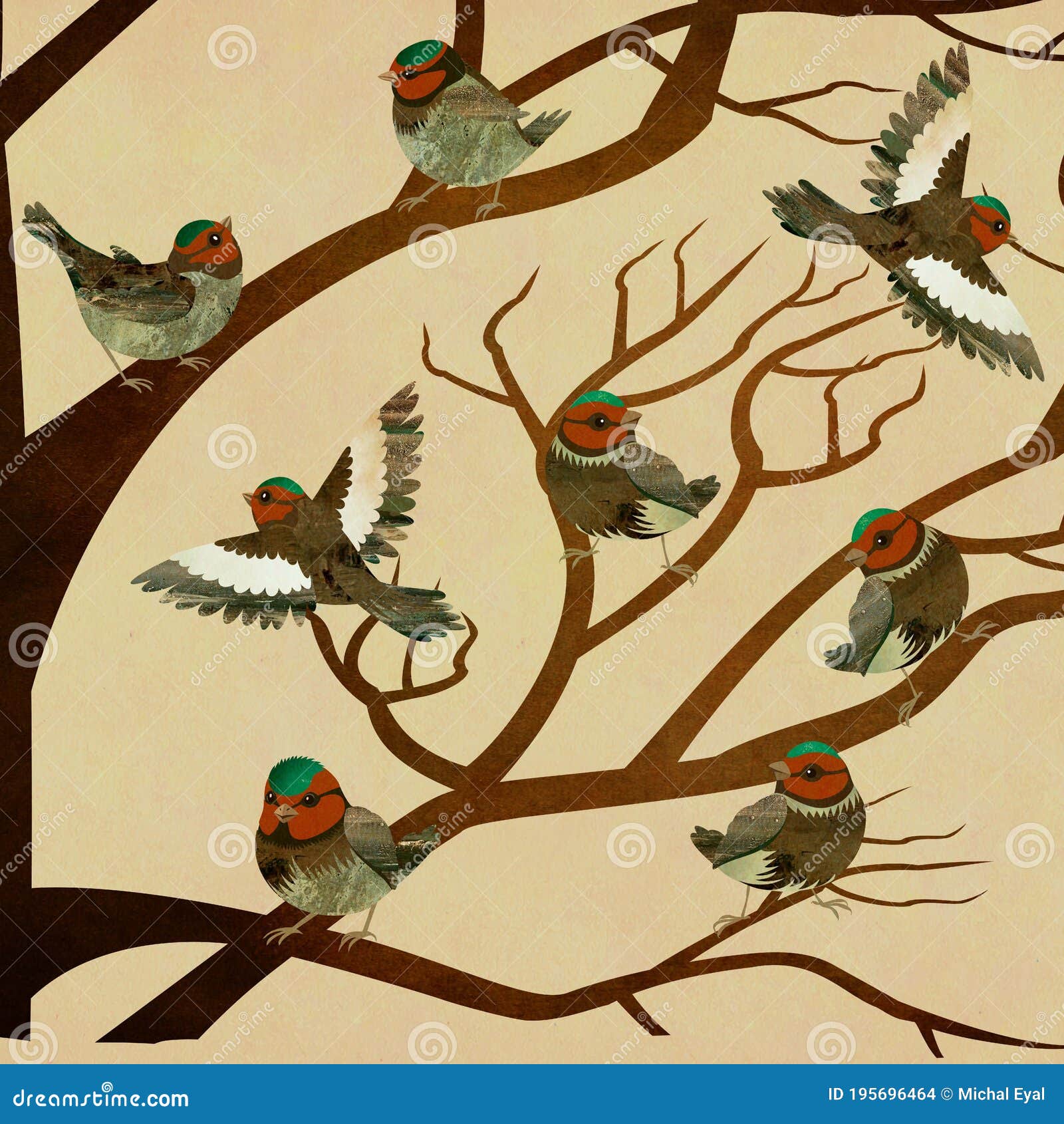 A Media Mix Drawing of Birds on the Branches of a Tree. Stock ...
