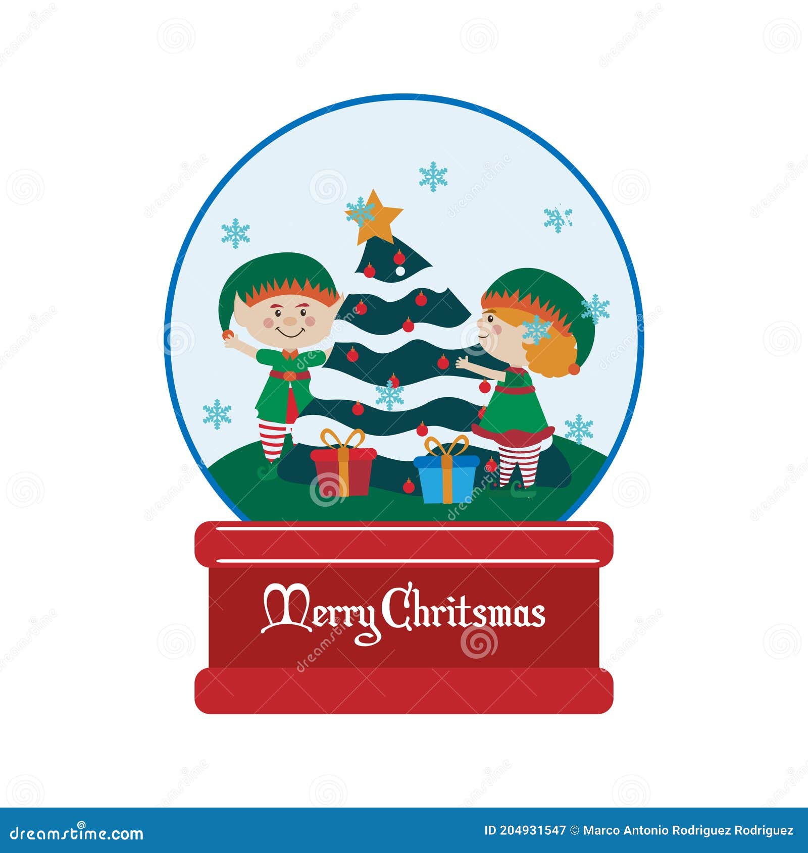 Happy Christmas Elves on a Snowball Stock Vector - Illustration of ...