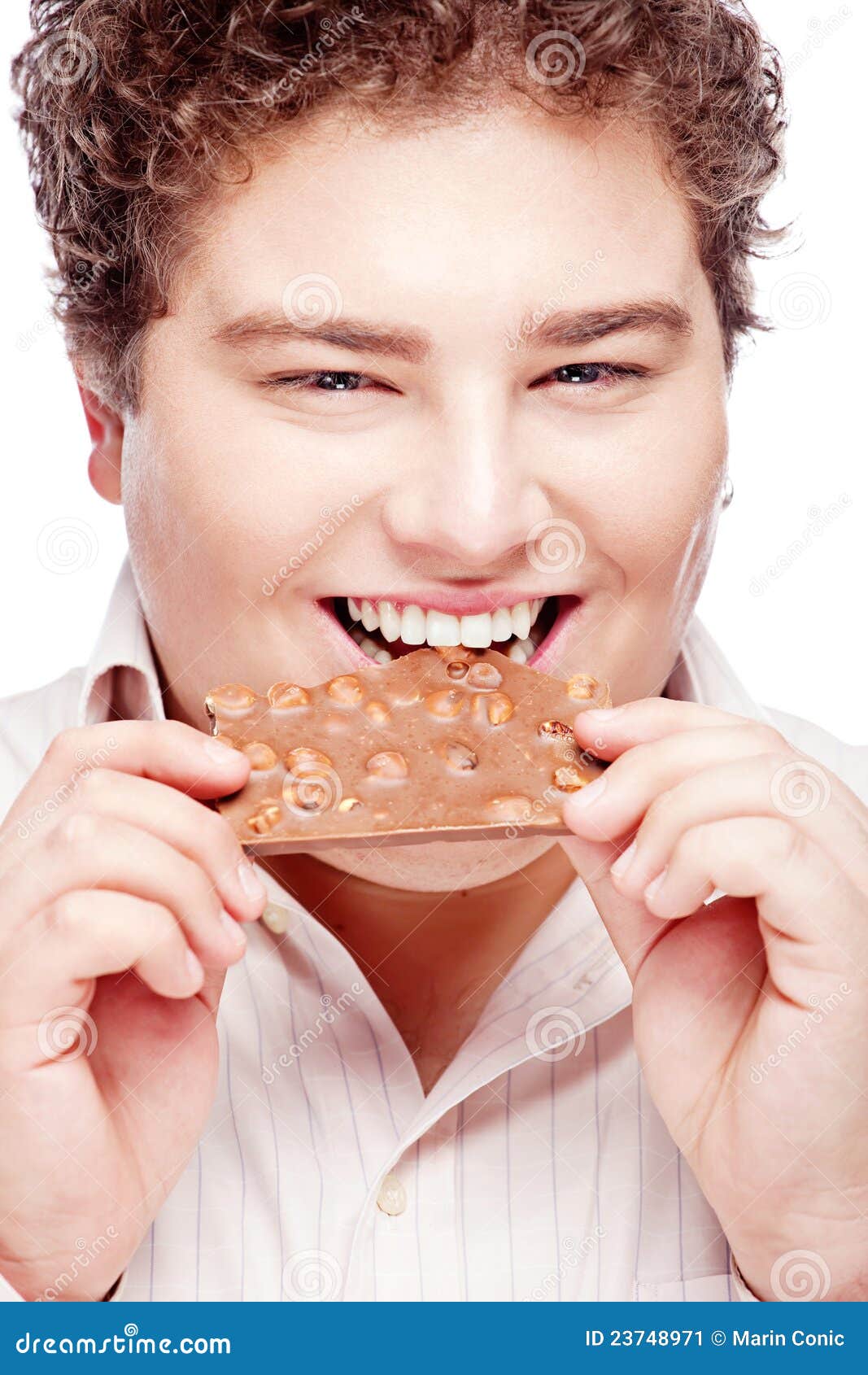 Happy Chubby Young Man Eating a Slice of Chocolate Stock Image - Image ...