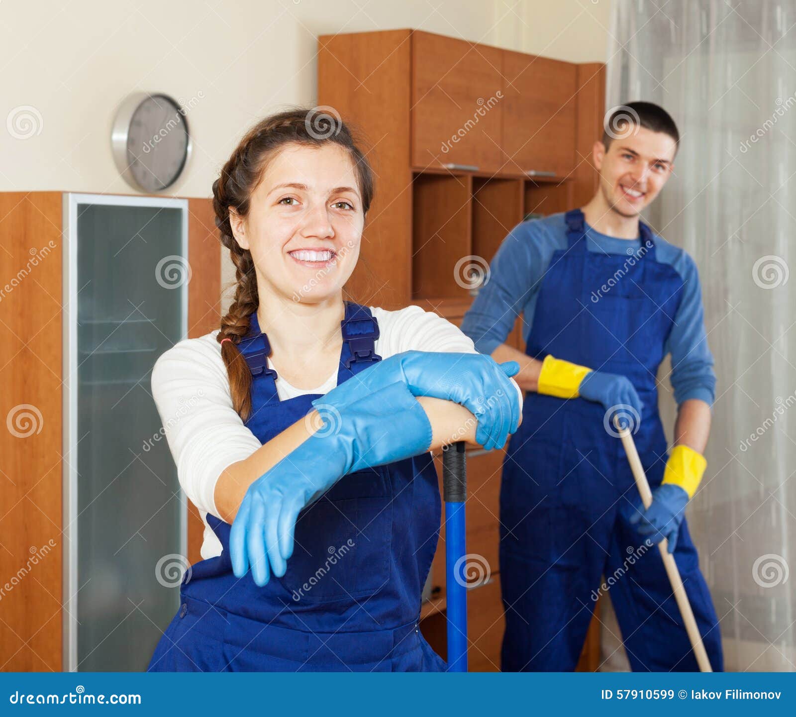 Happy Cleaners Team Cleaning Floor Stock Image - Image of housecleaner ...