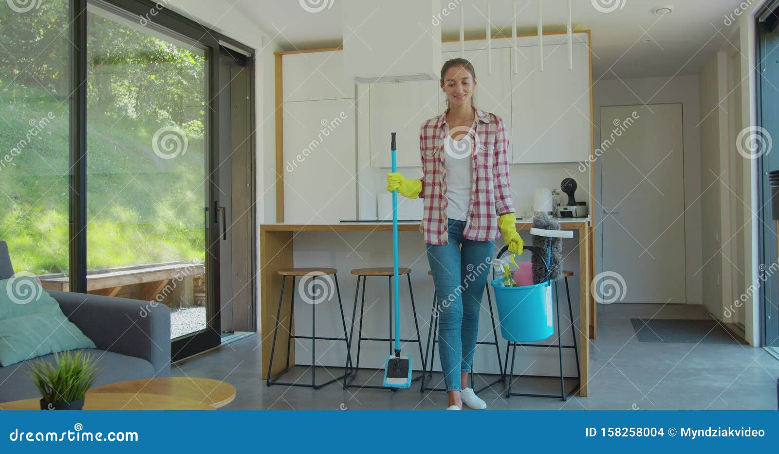 Happy Cleaning Service Employee Ready To Start Working, Positive Work ...