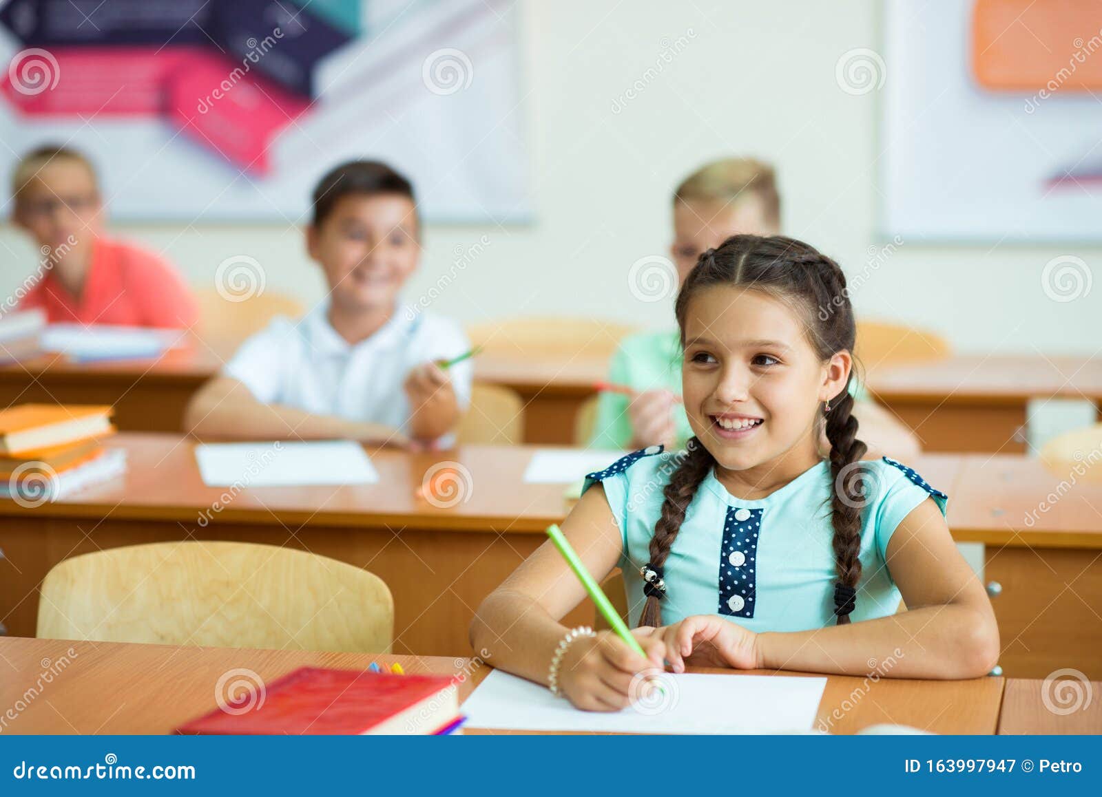 Happy Clever Children Learning in Classroom Stock Image - Image of ...