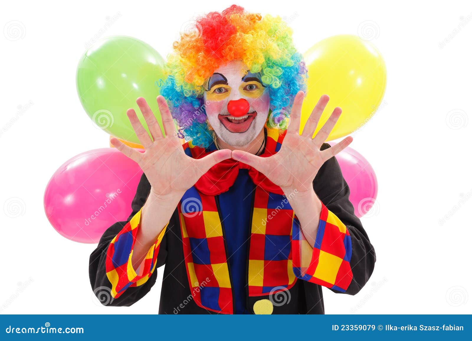 Happy Clown with Balloons, Gesturing with Hand Stock Image - Image of ...