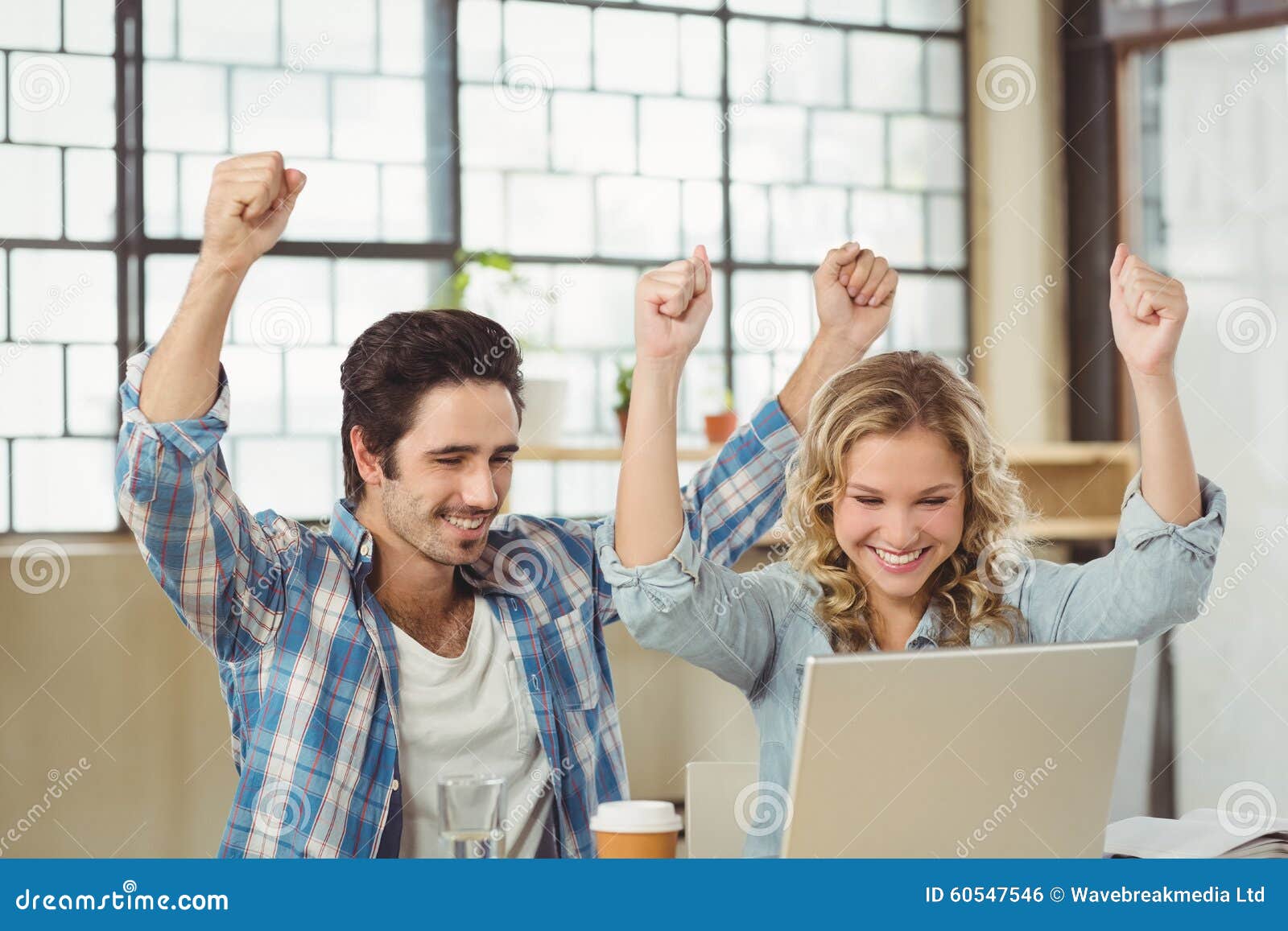 Happy Colleagues Cheering in Office Stock Photo - Image of cheerful ...