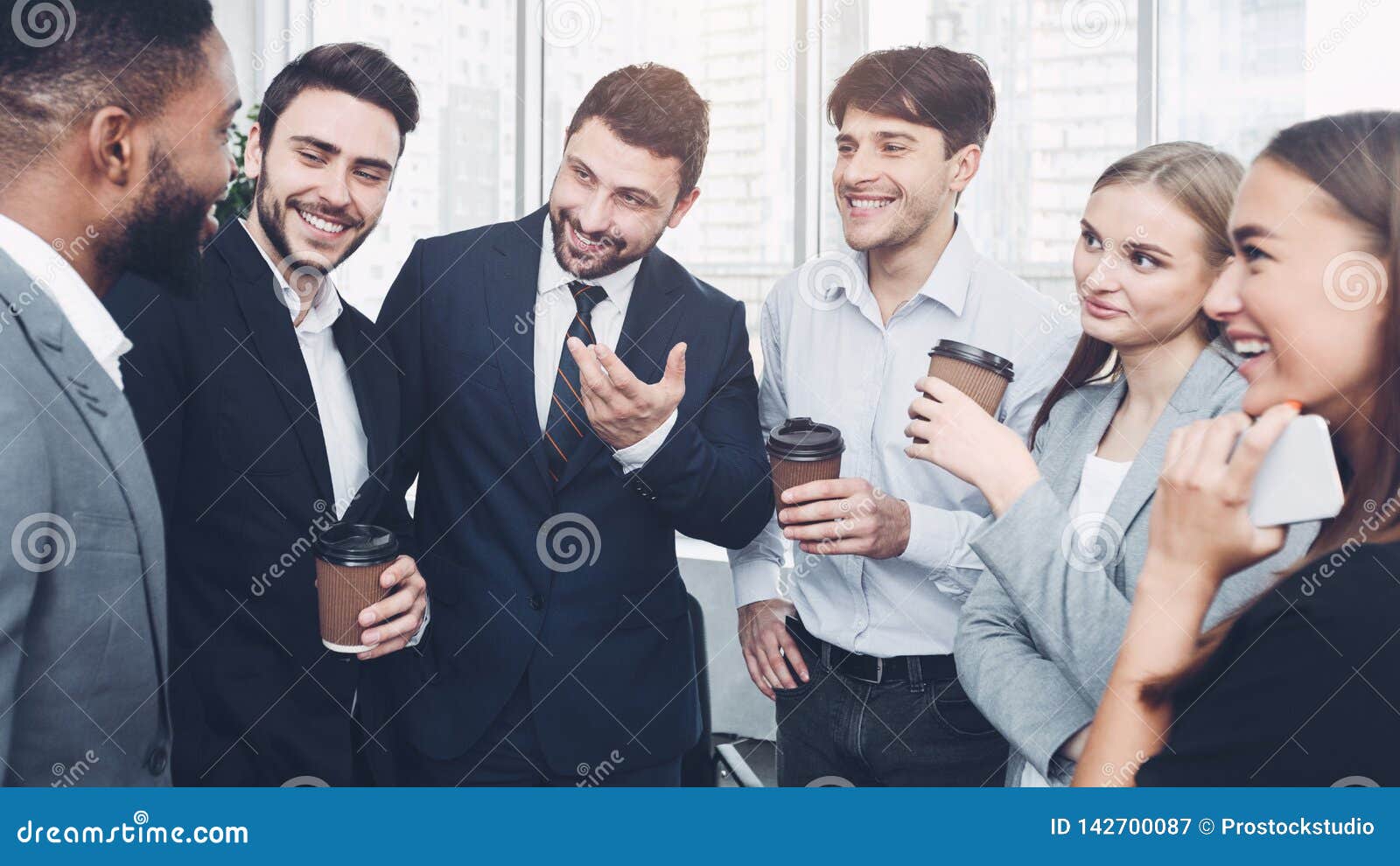 Happy Colleagues Talking, Having Coffee Break in Office Stock Image ...