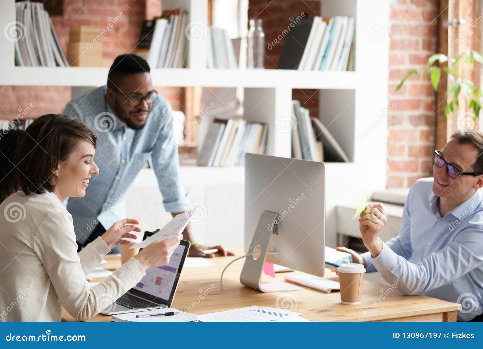 Happy Collegues Laugh Discussing Project in Coworking Space Stock Image ...
