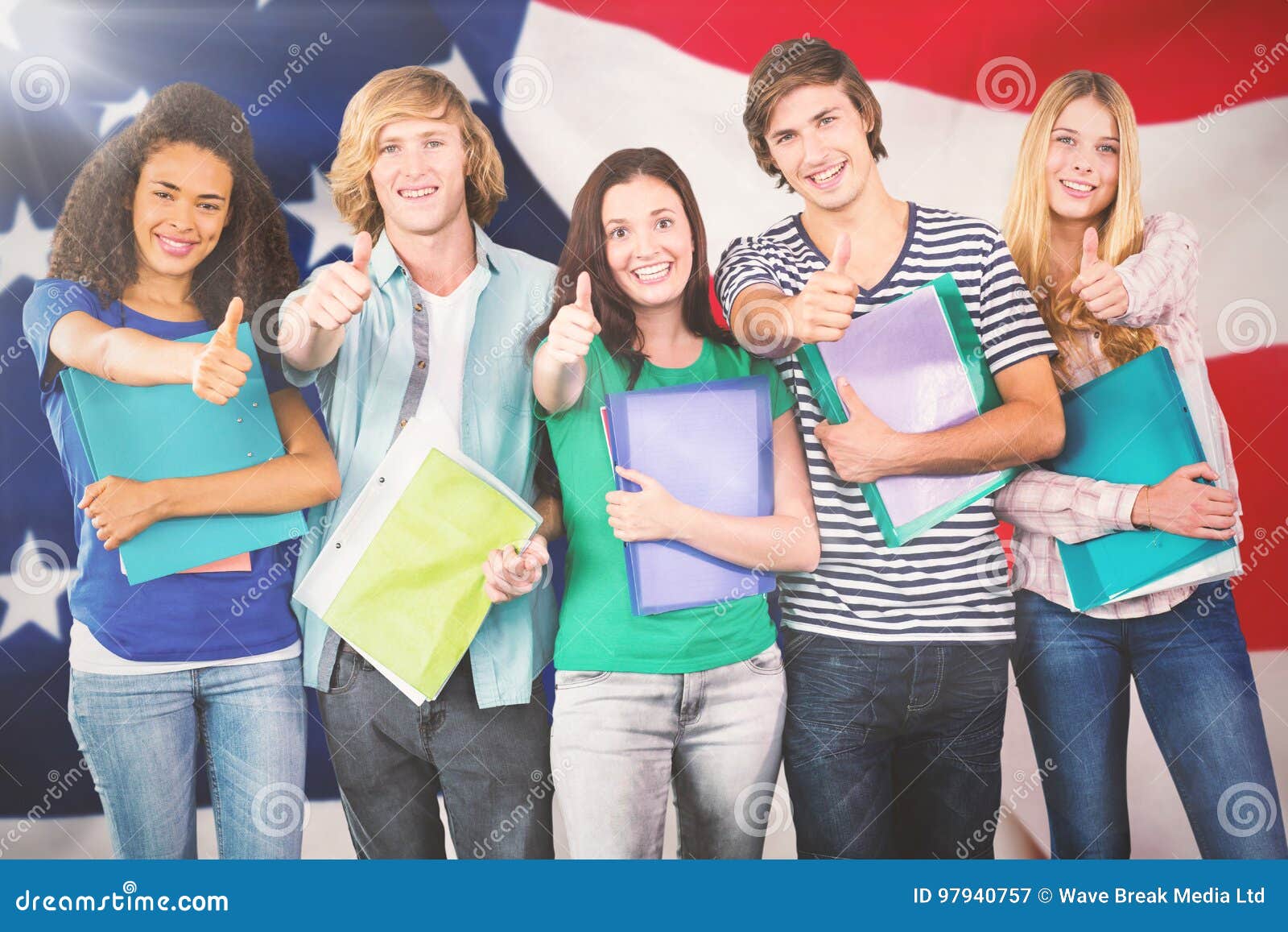 Composite Image of Happy College Students Gesturing Thumbs Up Stock ...