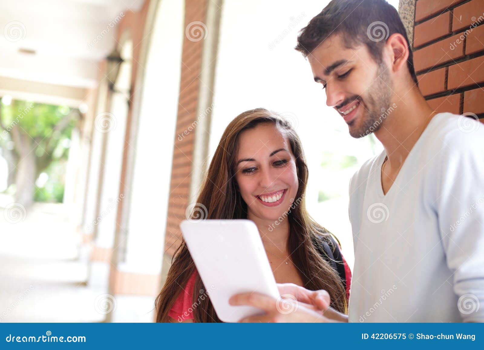 Happy College Students Using Computer Stock Image - Image of computer ...