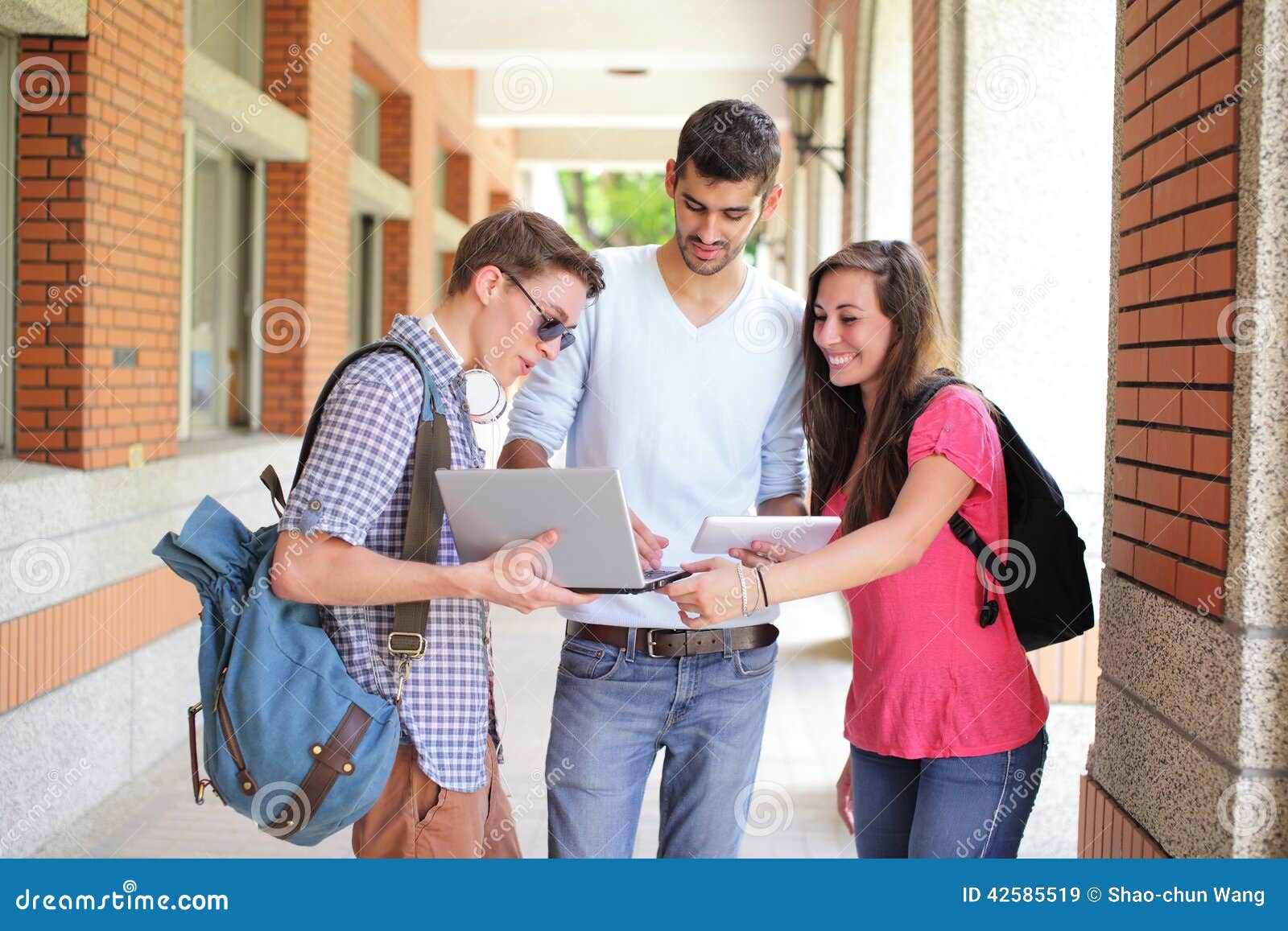 Happy College Students Using Computer Stock Image - Image of caucasian ...