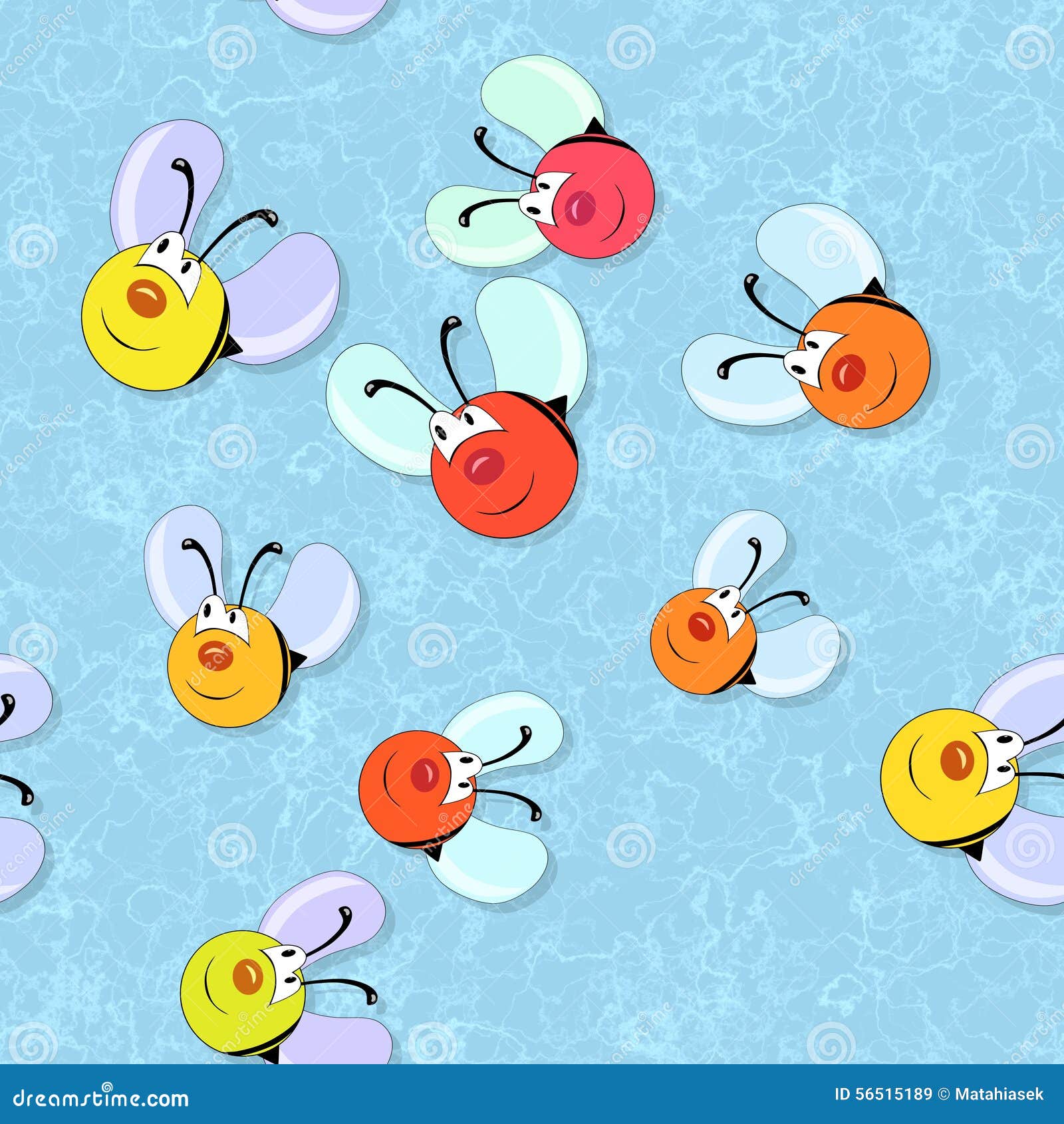 Happy Colored Bees Seamless Pattern on Blue Background Stock ...