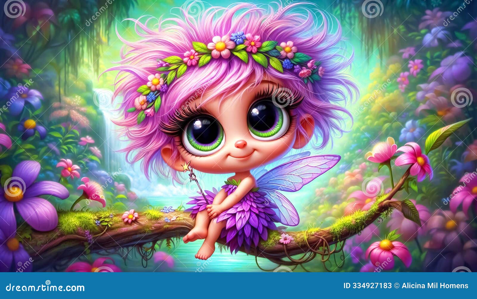 Happy Colored Fairy Sitting on a Tree Trunk, with Magic Wand Stock ...