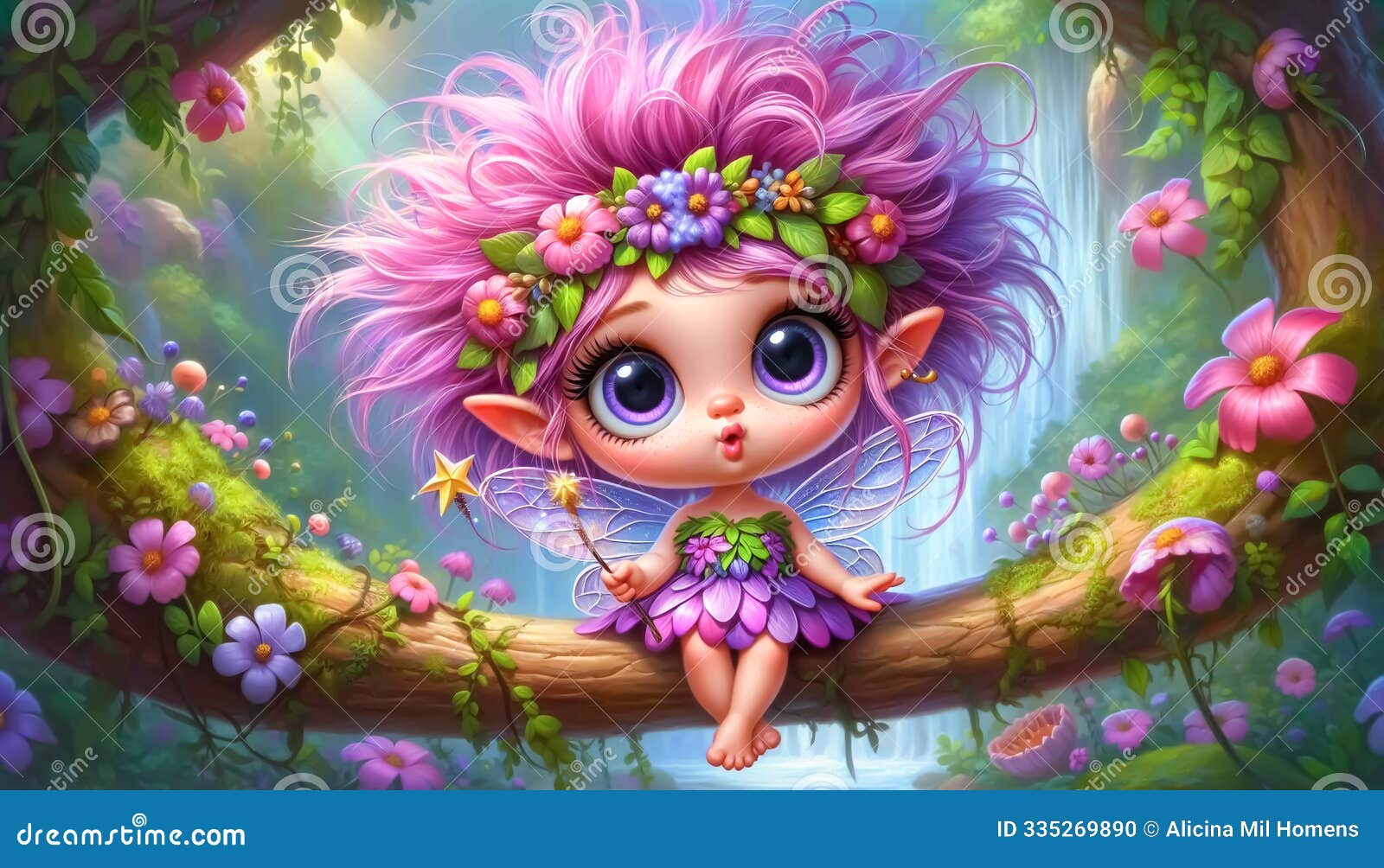 Happy Colored Fairy Sitting on a Tree Trunk, with Magic Wand Stock ...