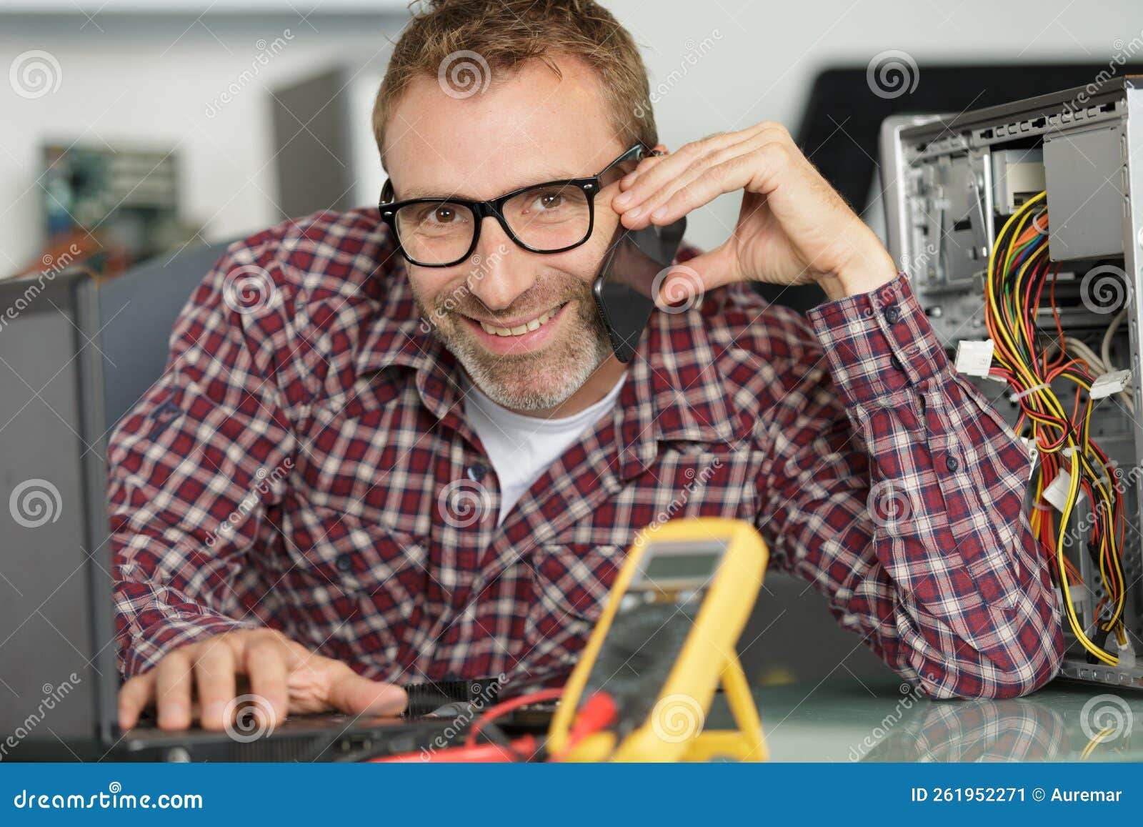 Happy Computer Engineer Repairing Broken Desktop Stock Image - Image of ...