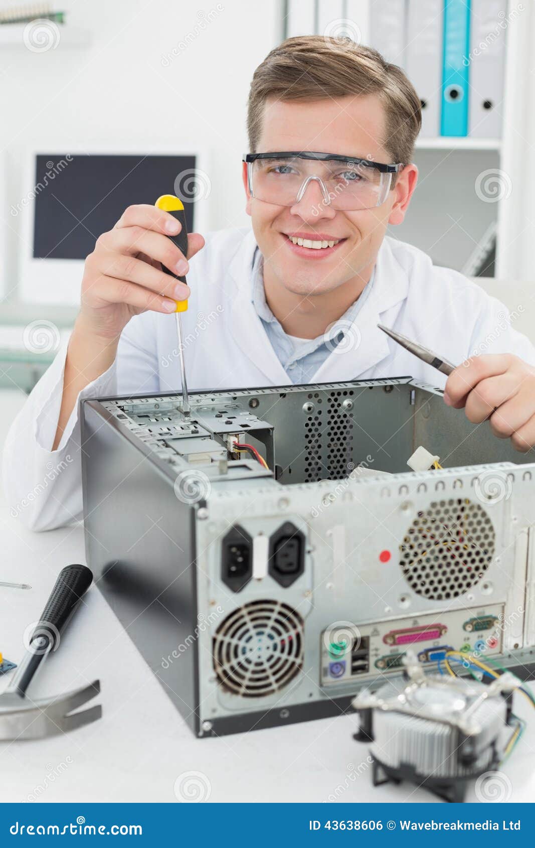 Happy Computer Engineer Working on Broken Device Stock Photo - Image of ...