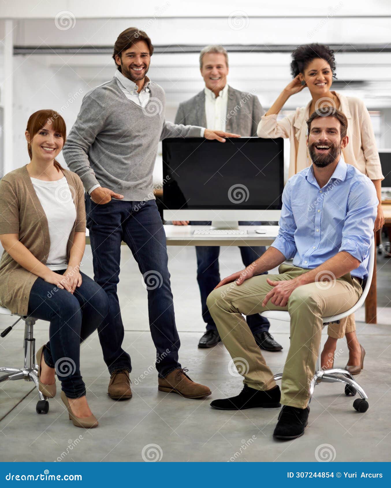 Happy, Computer Screen and Business People in Portrait for Friendly and ...