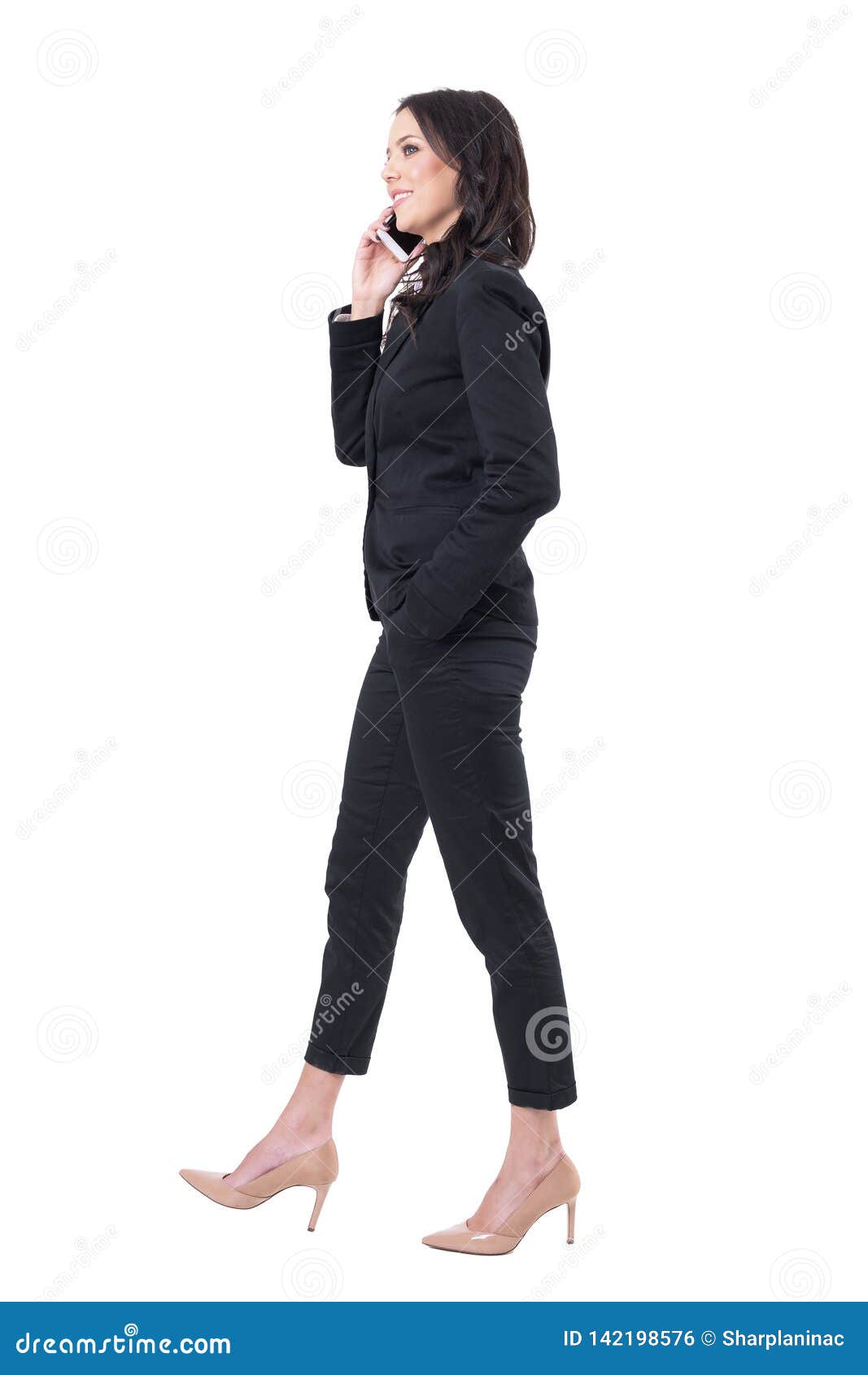 Happy Confident Business Woman Walking and Talking on the Phone with ... Happy Confident Business Woman Walking and Talking on the Phone with ...