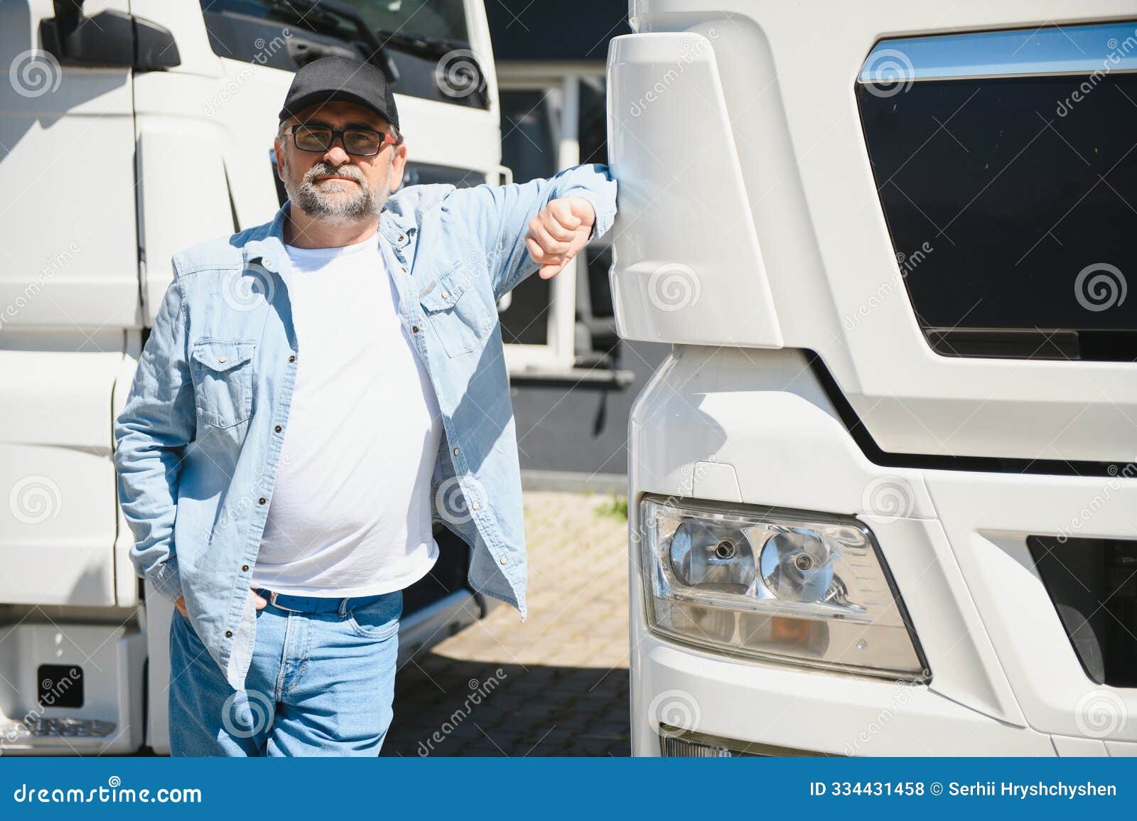 Happy Confident Male Driver Standing in Front on His Truck Stock Photo ...