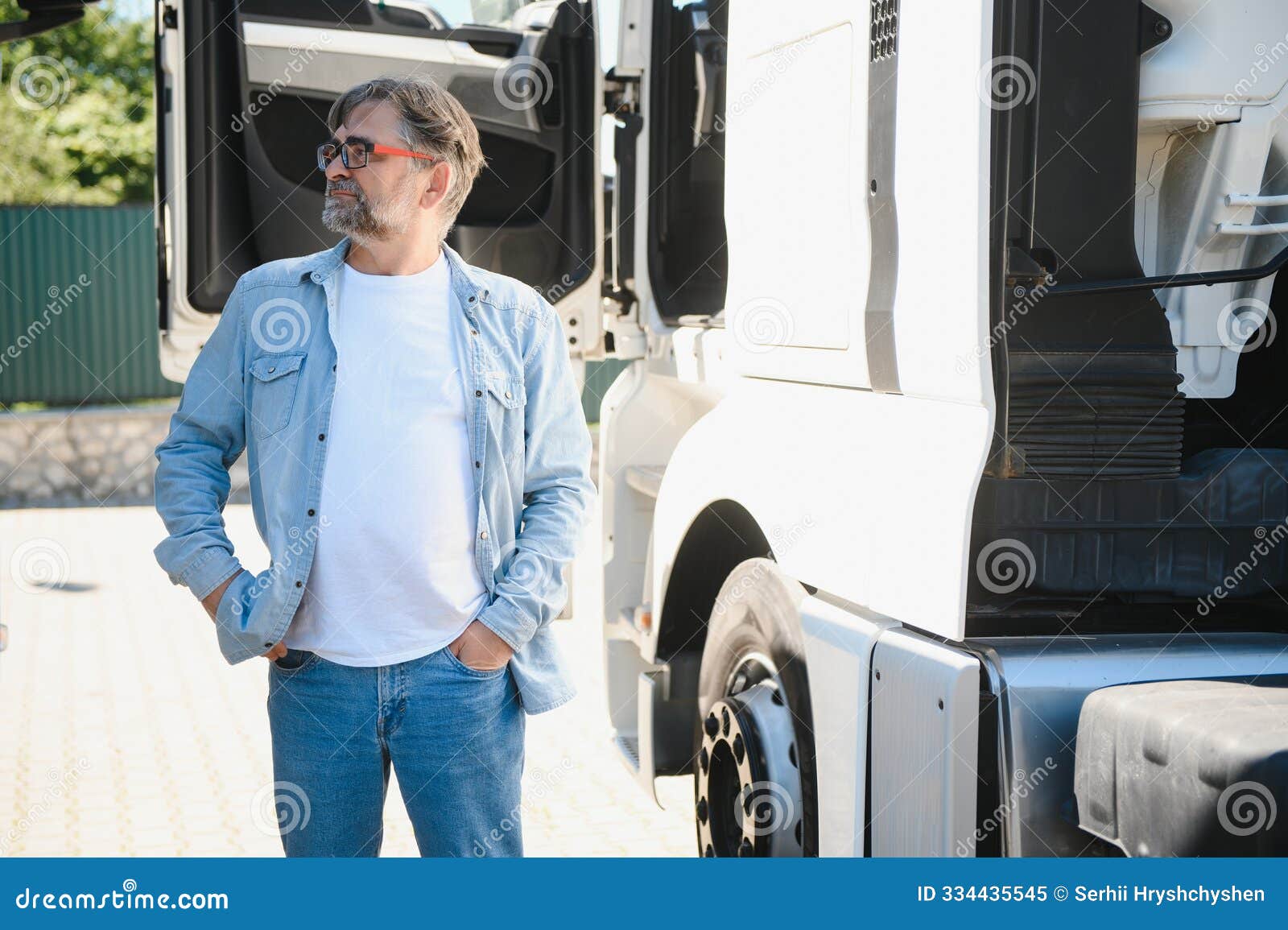 Happy Confident Male Driver Standing in Front on His Truck Stock Image ...