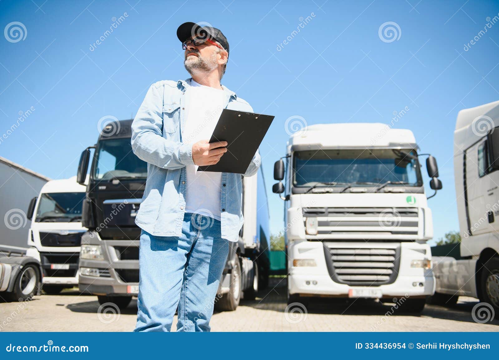 Happy Confident Male Driver Standing in Front on His Truck Stock Photo ...