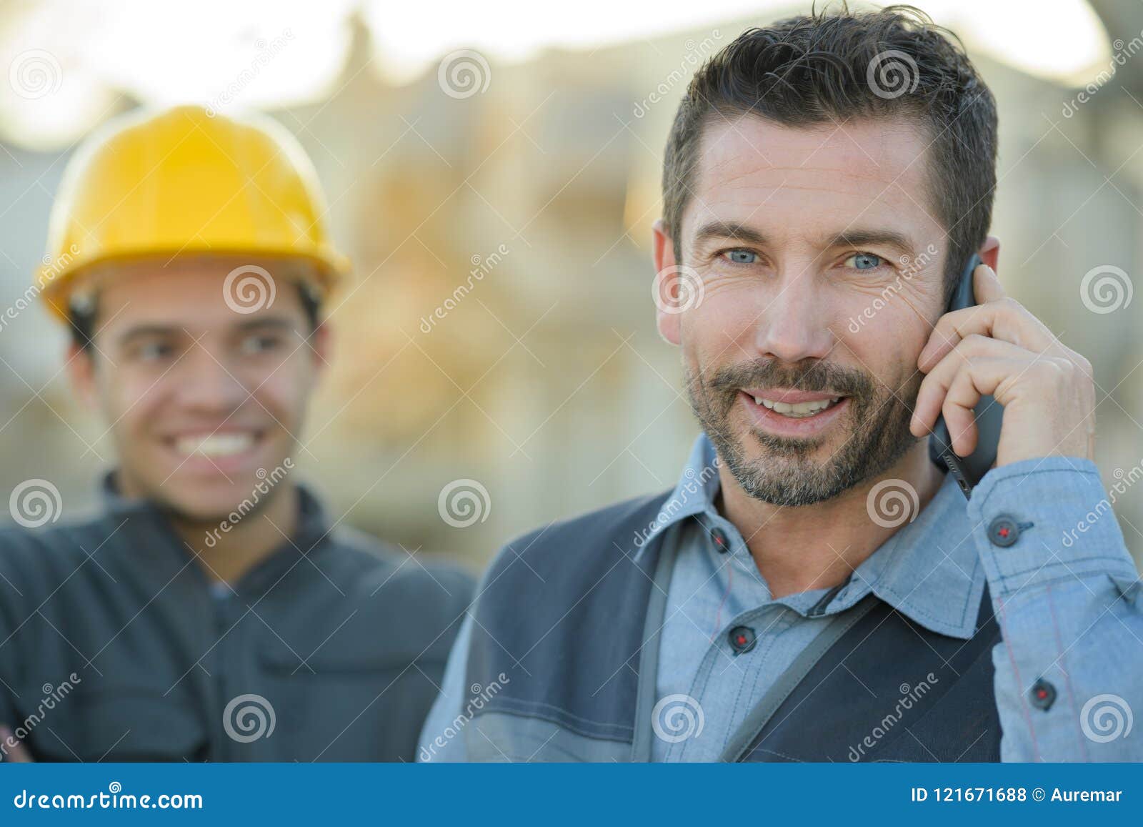 Happy Construction Site Workers Stock Photo - Image of joke, contact ...